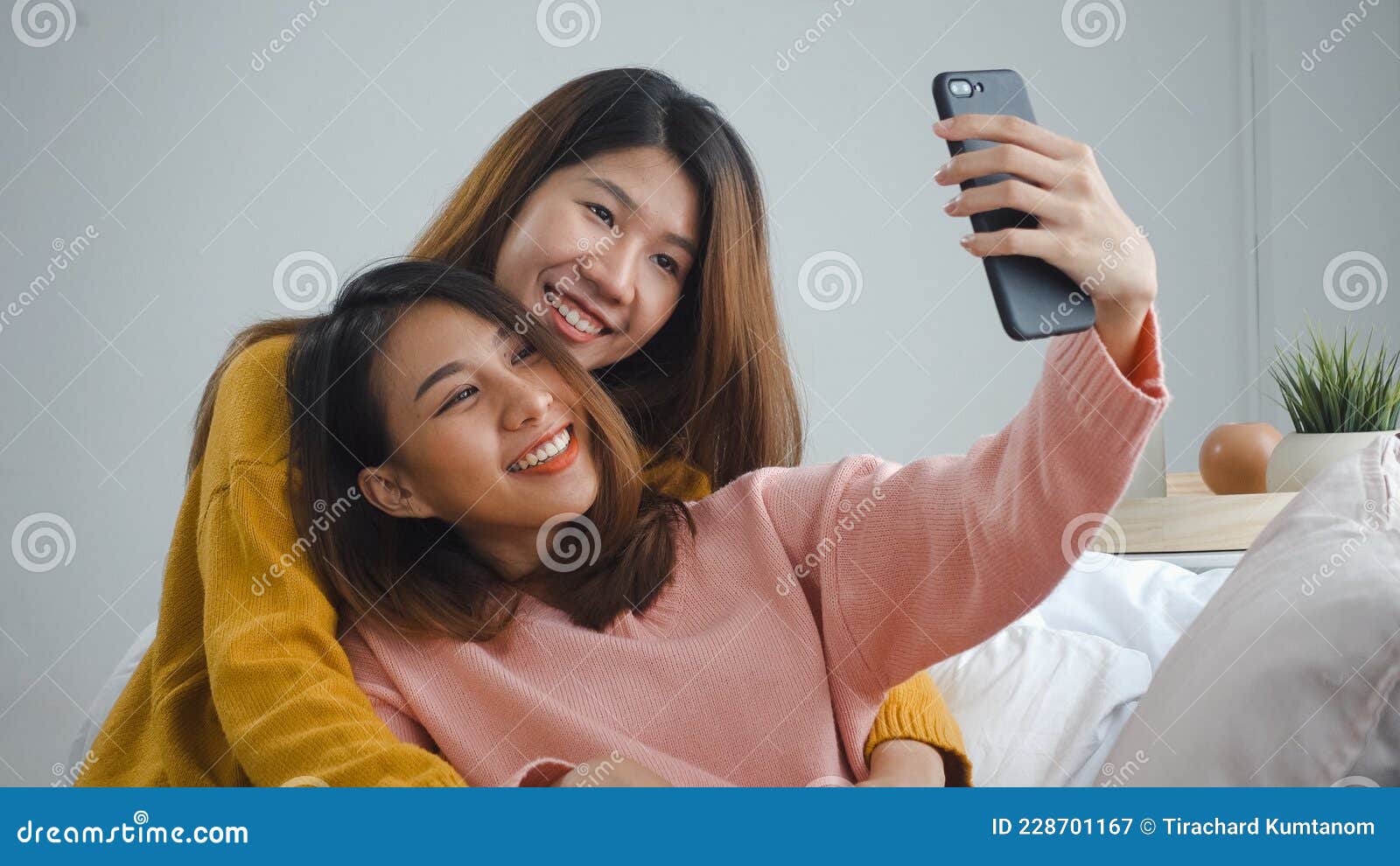 Beautiful Young Asian Women Lgbt Lesbian Happy Couple Sitting On Sofa