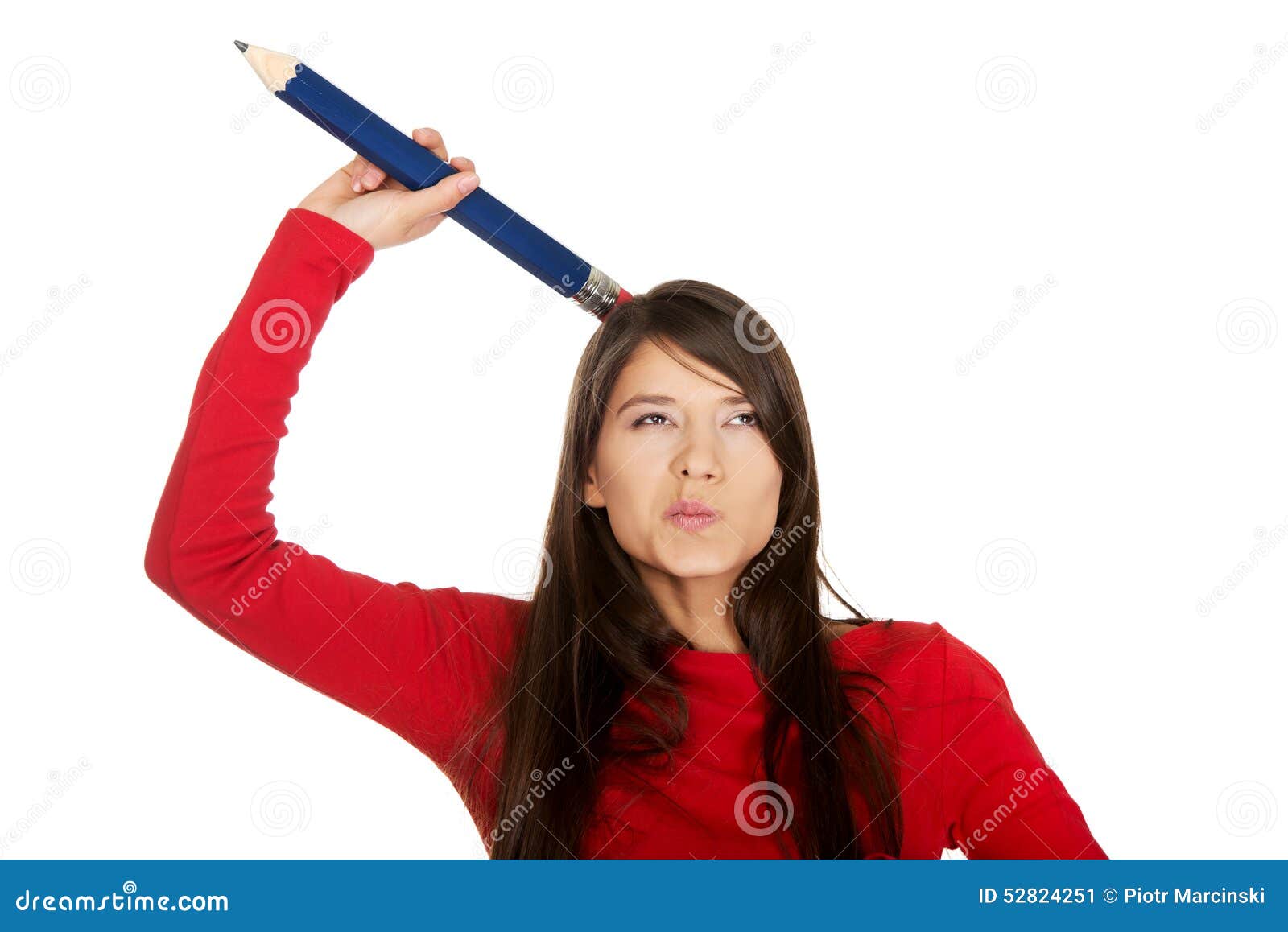 Beautiful Young with a Big Pencil on Head. Stock Image - Image of ...
