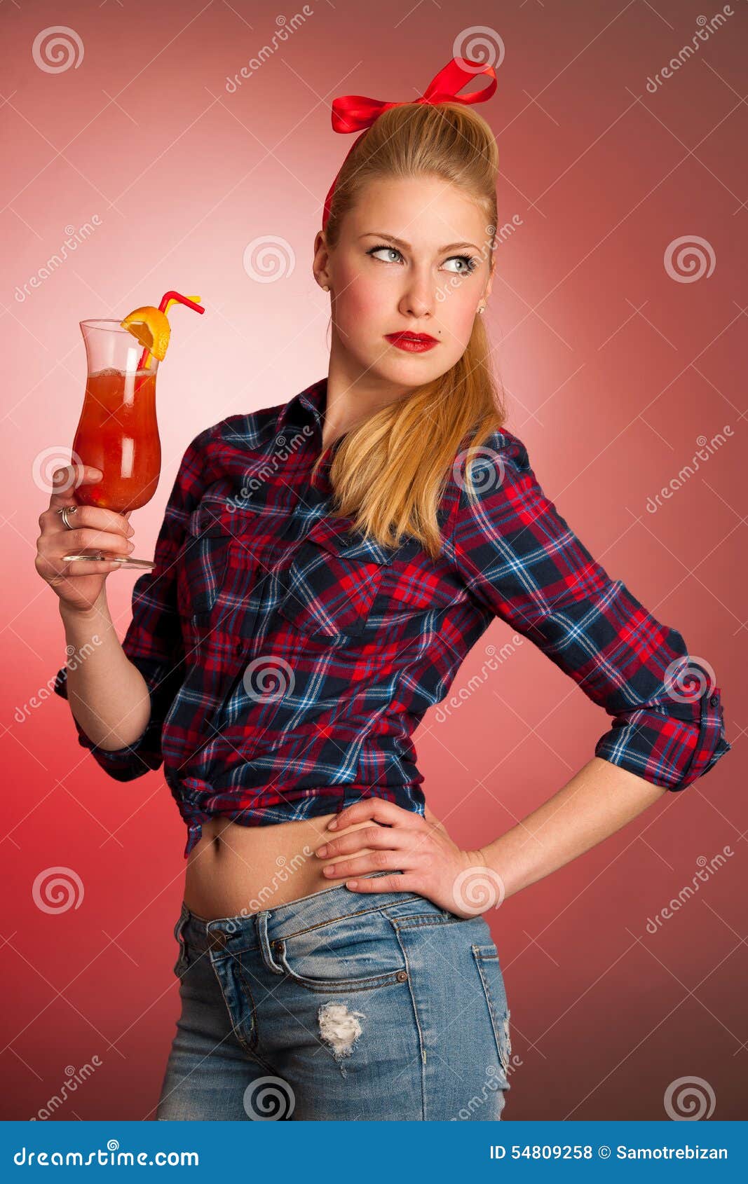 Beautiful Young Blond Caucasian Pinup Woman With A Glass Of Coc Stock