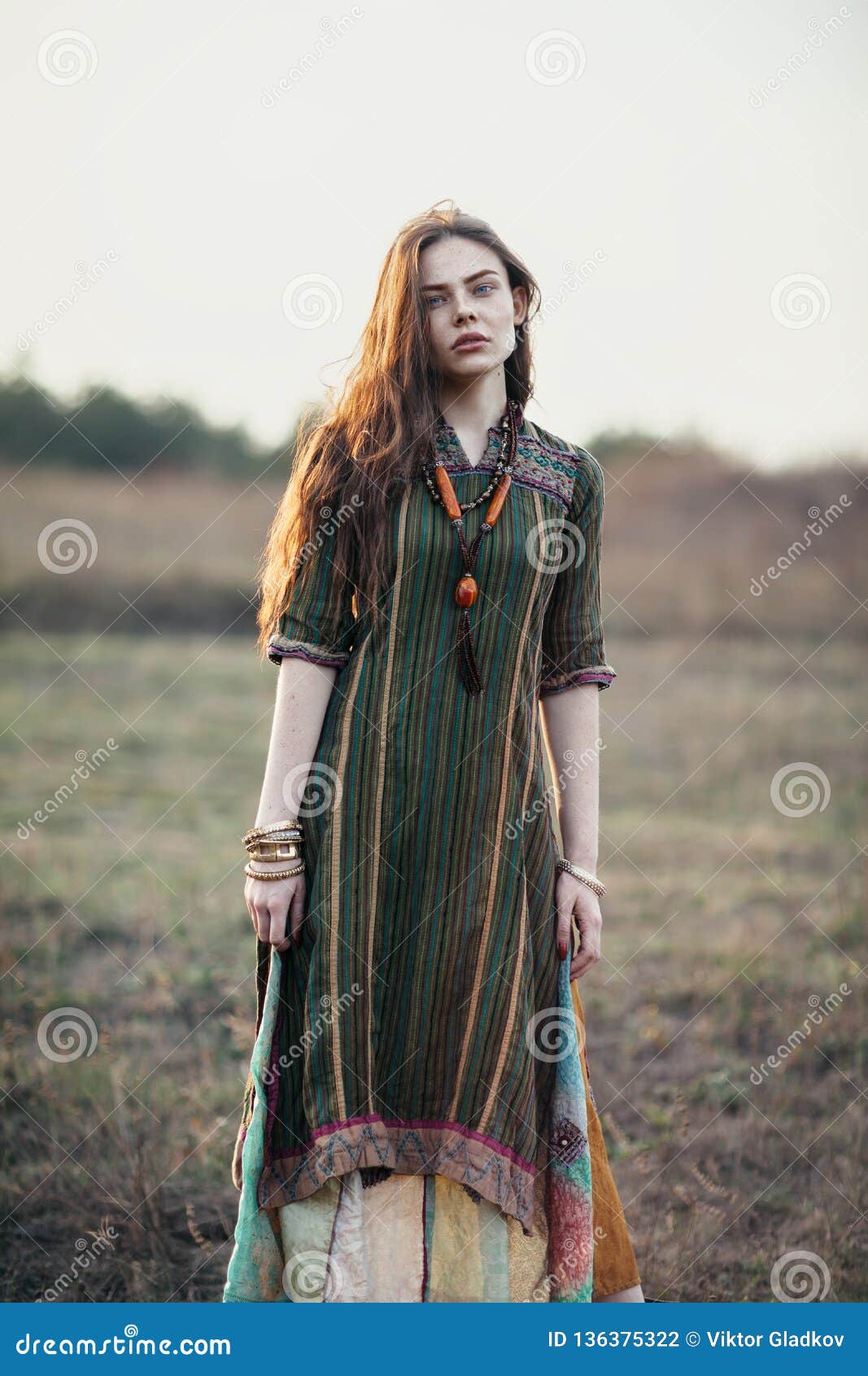 Boho Girl Portrait At White Brick Wall Background Stock Image ...