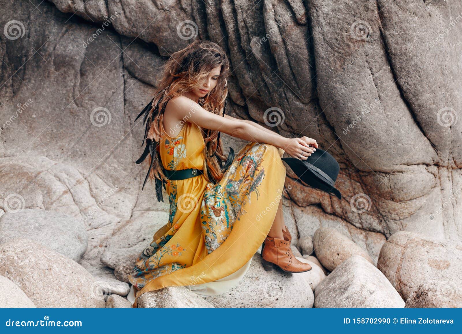 Beautiful Young Boho Style Model on the Stone Beach Stock Photo - Image ...
