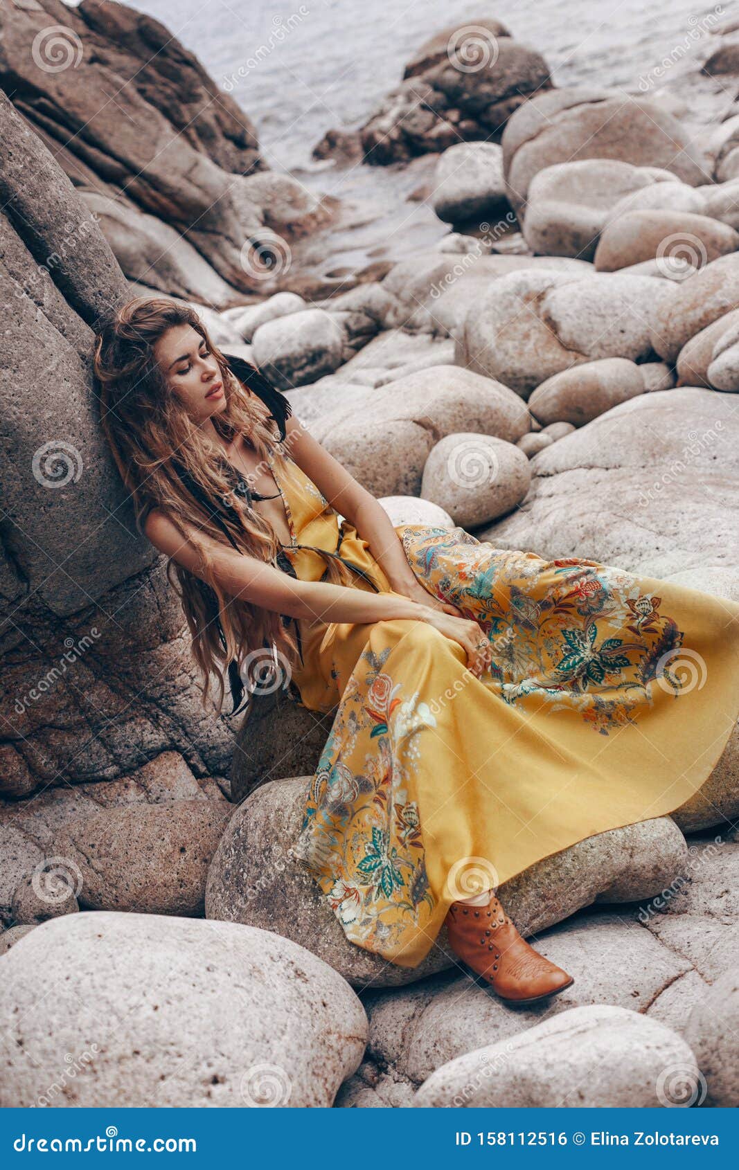 Beautiful Young Boho Style Model on the Stone Beach Stock Photo - Image ...