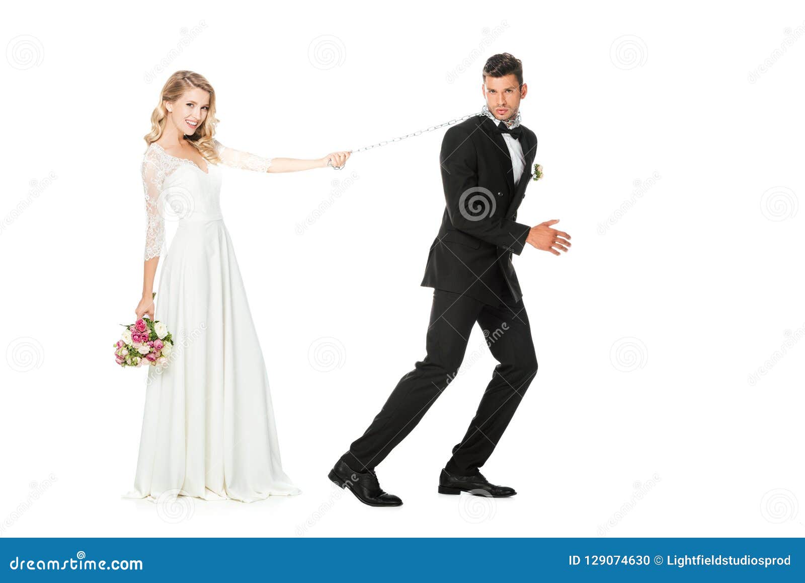 Beautiful Young Bride with Chain and Leashed Groom Stock Photo - Image ...