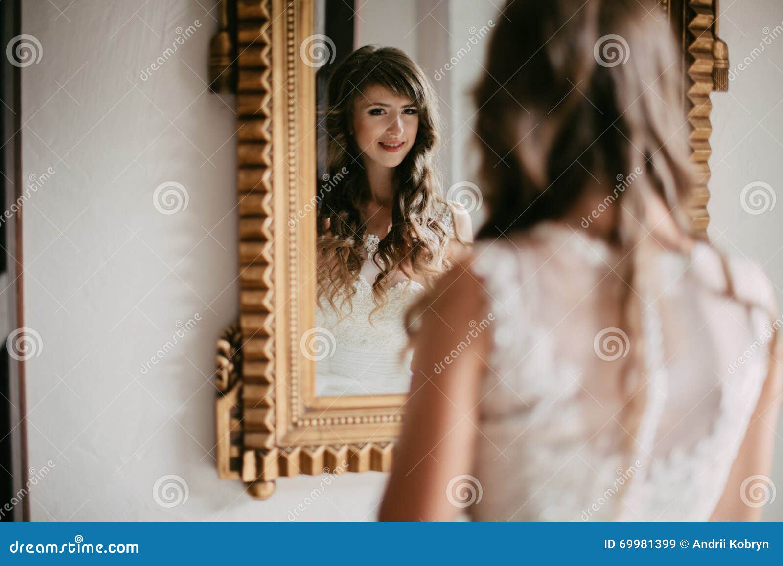 Beautiful Young Bride Looking in the Mirror Stock Image - Image of ...