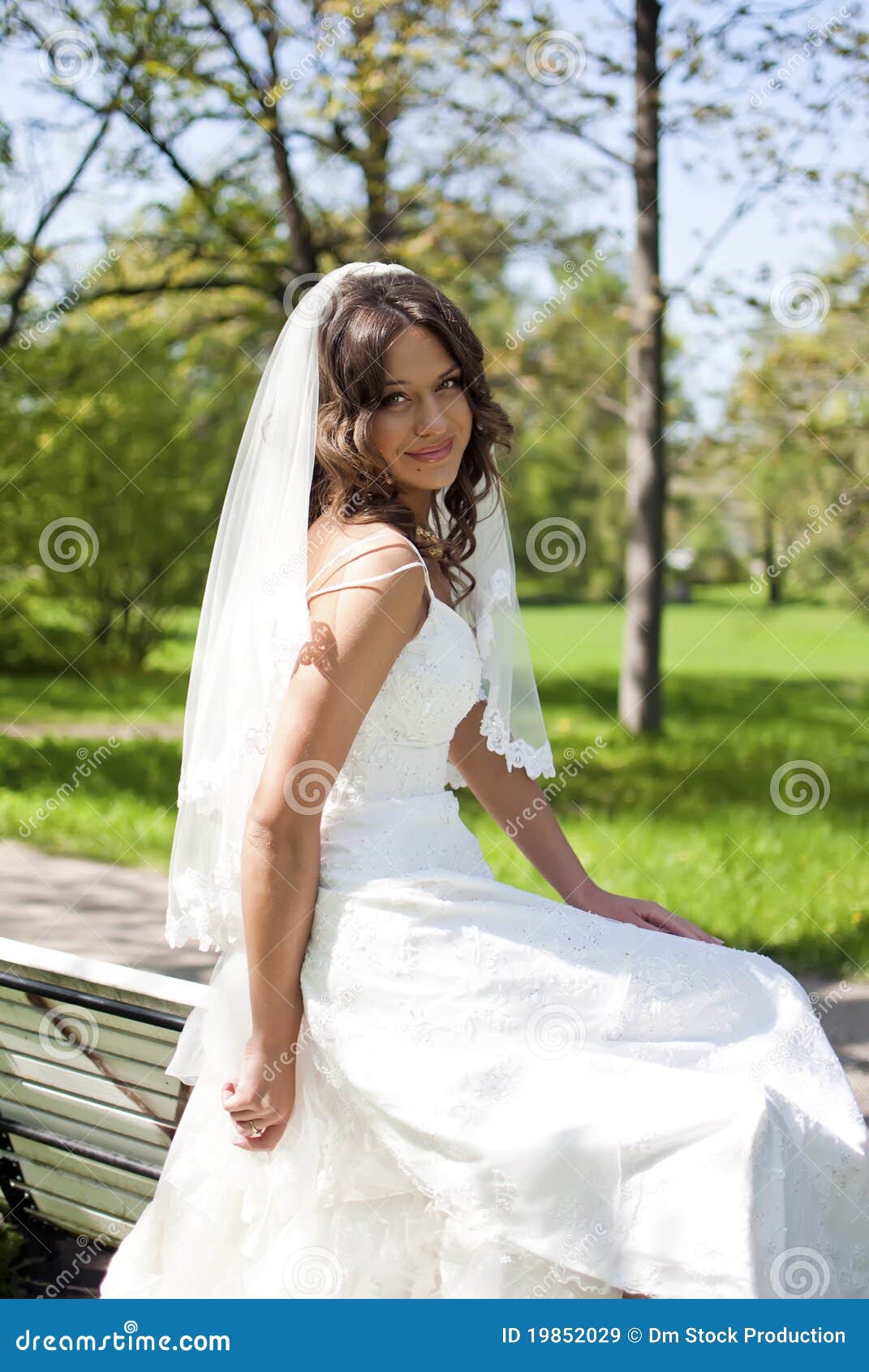 Beautiful Young Bride Sitting On Bench Stock Image - Image of gorgeous ...