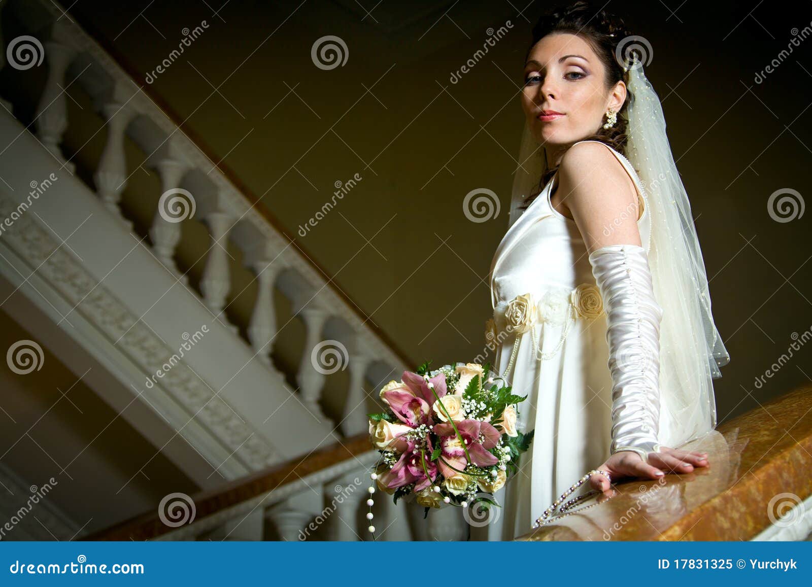 Beautiful Young Bride Standing on a Stairway Stock Image - Image of ...