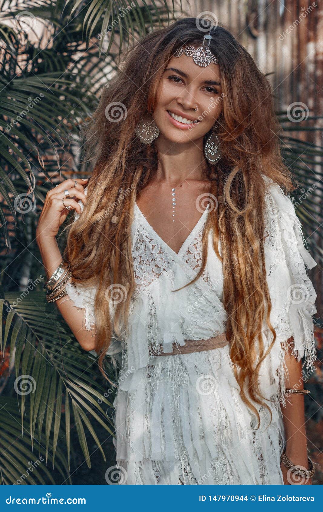 Beautiful Young Cheerful Boho Style Woman Outdoors Stock Photo - Image ...