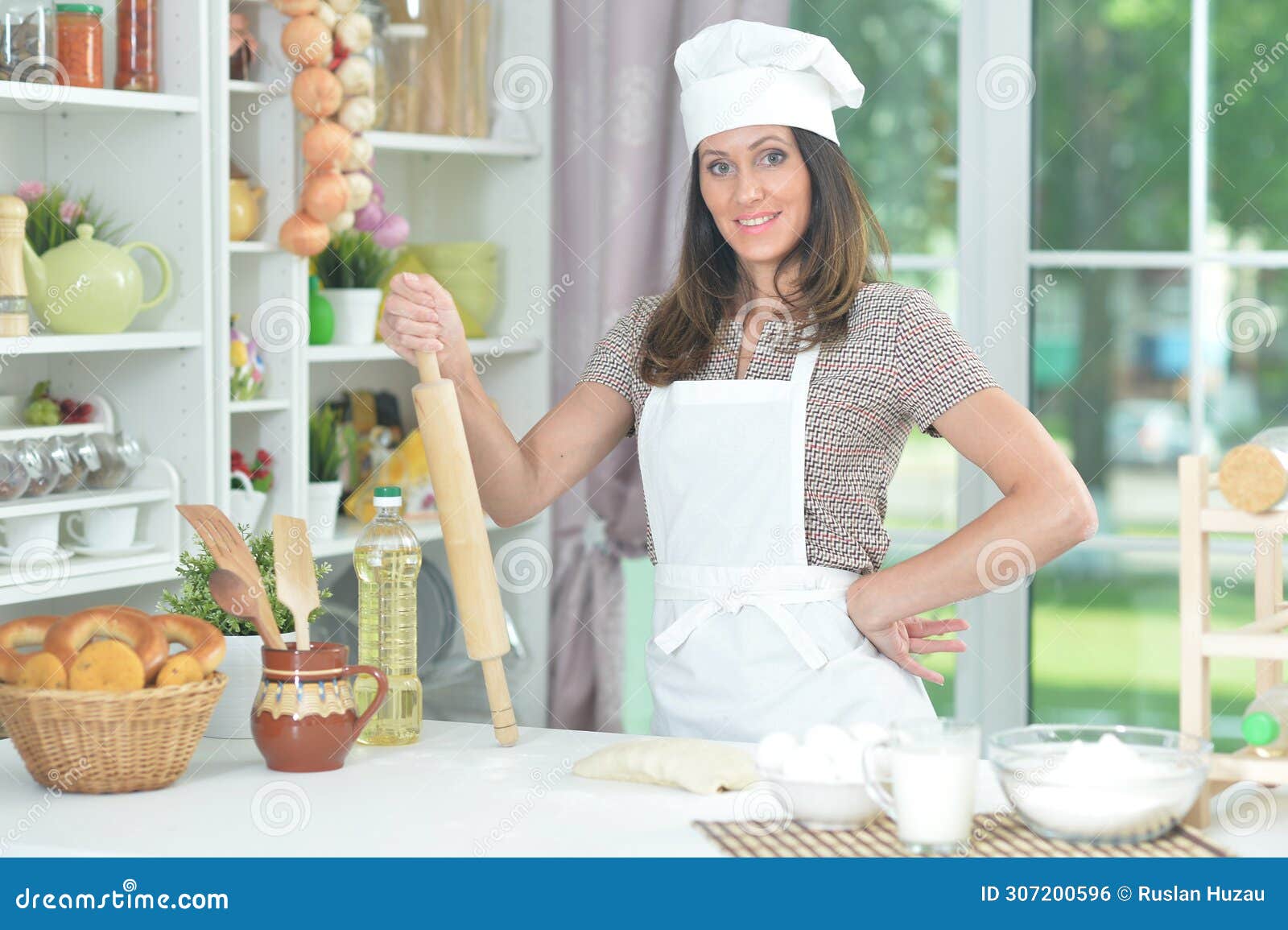 Beautiful Young Chief Woman Baking in Kitchen Stock Photo - Image of ...