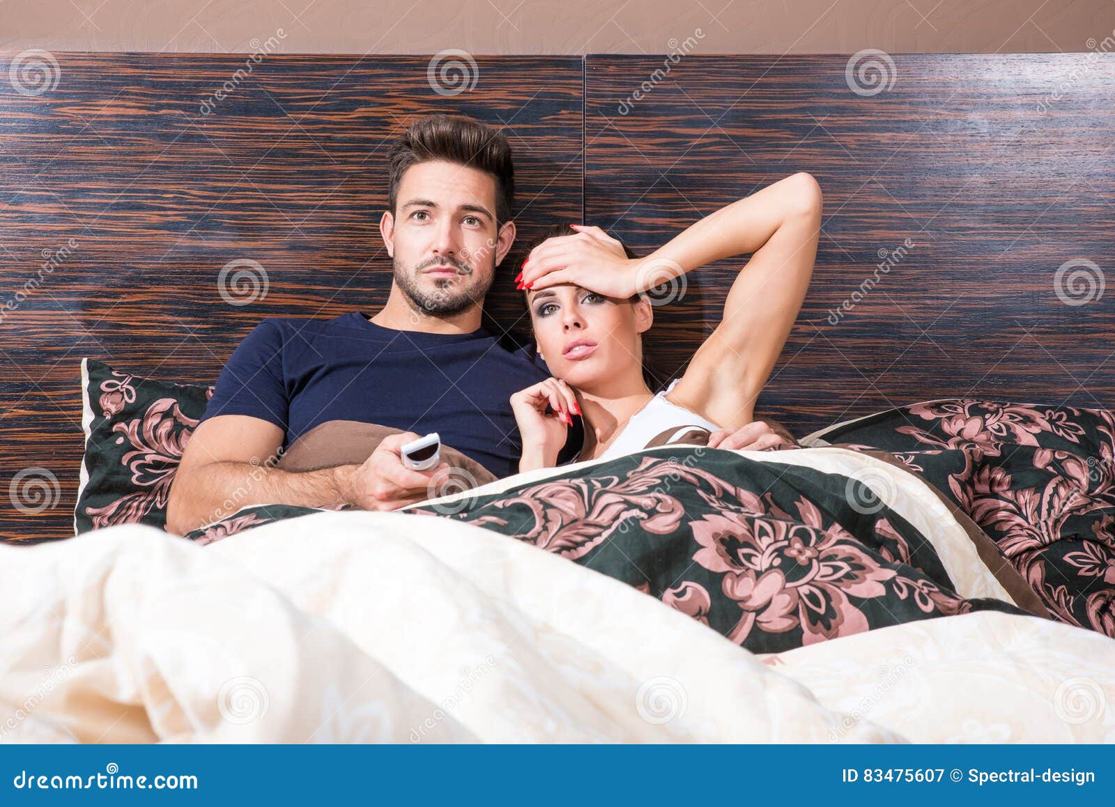 Beautiful Young Couple Being Scared in Bed Stock Image - Image of look ...