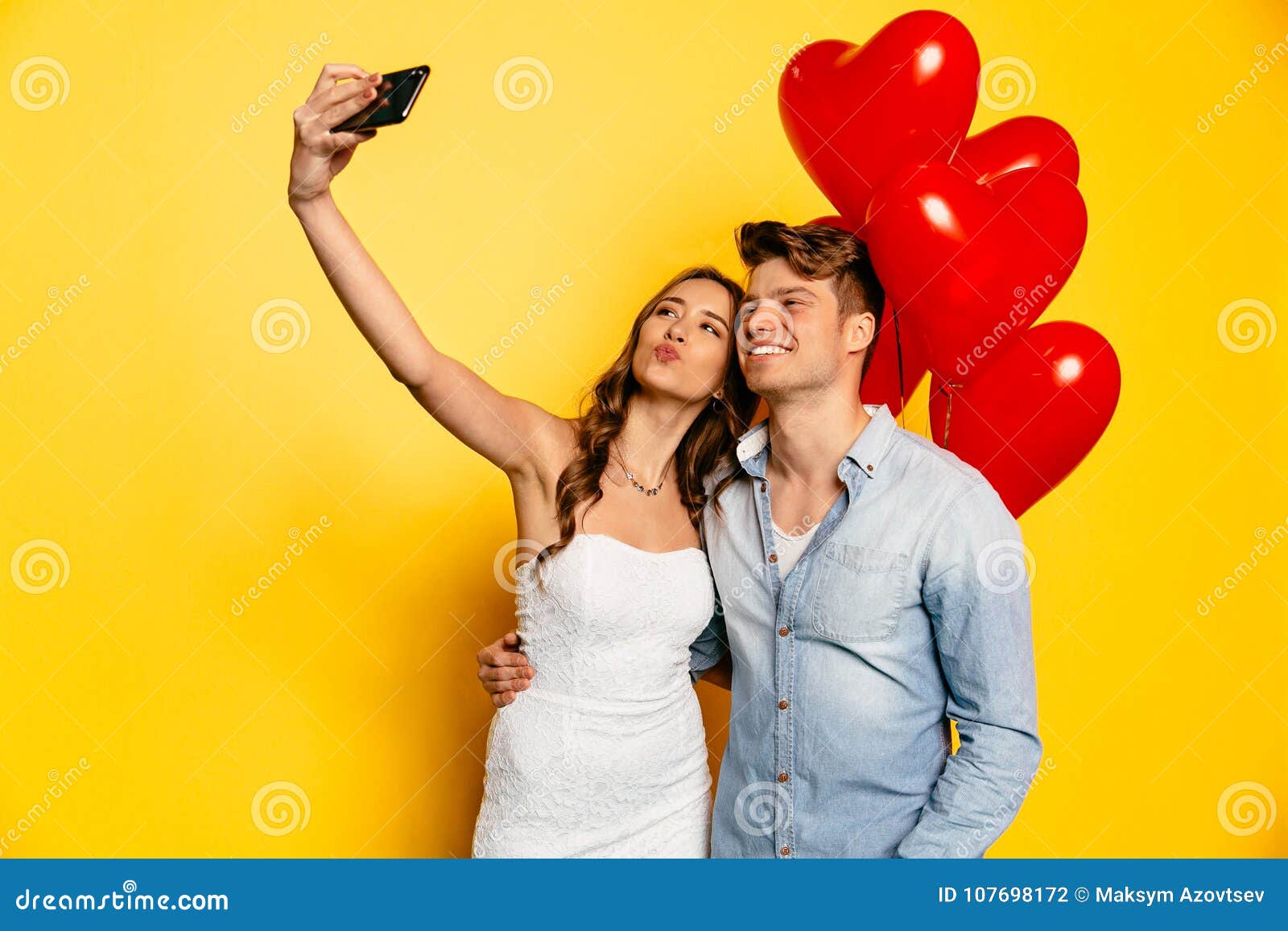 Cheerful Couple Taking Selfie On Smartphone While Celebrating Valentine