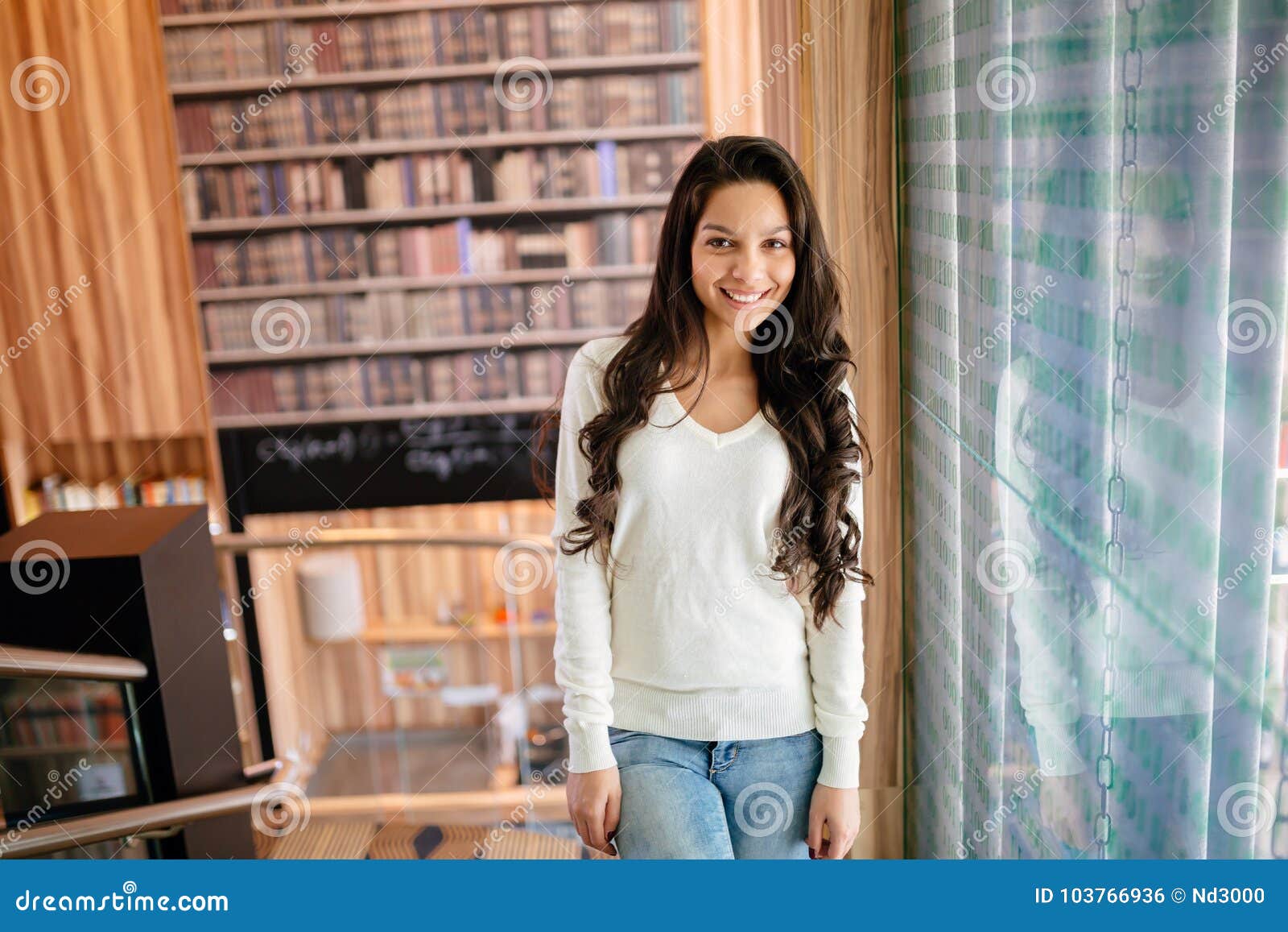 Beautiful Brunette in Library Stock Photo - Image of brunette, book ...