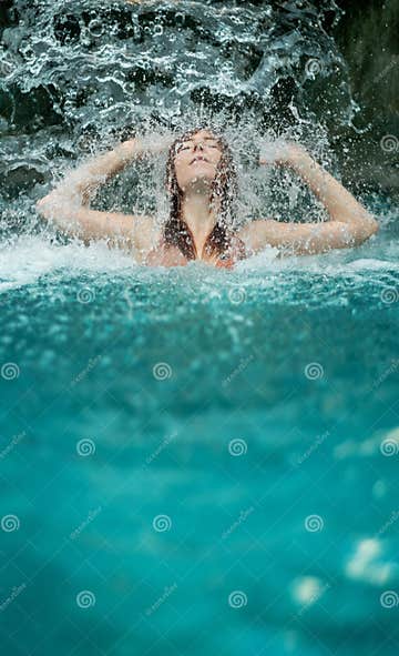 Beautiful Young Cute Redhead Woman In Bikini With Closed Eyes Raises