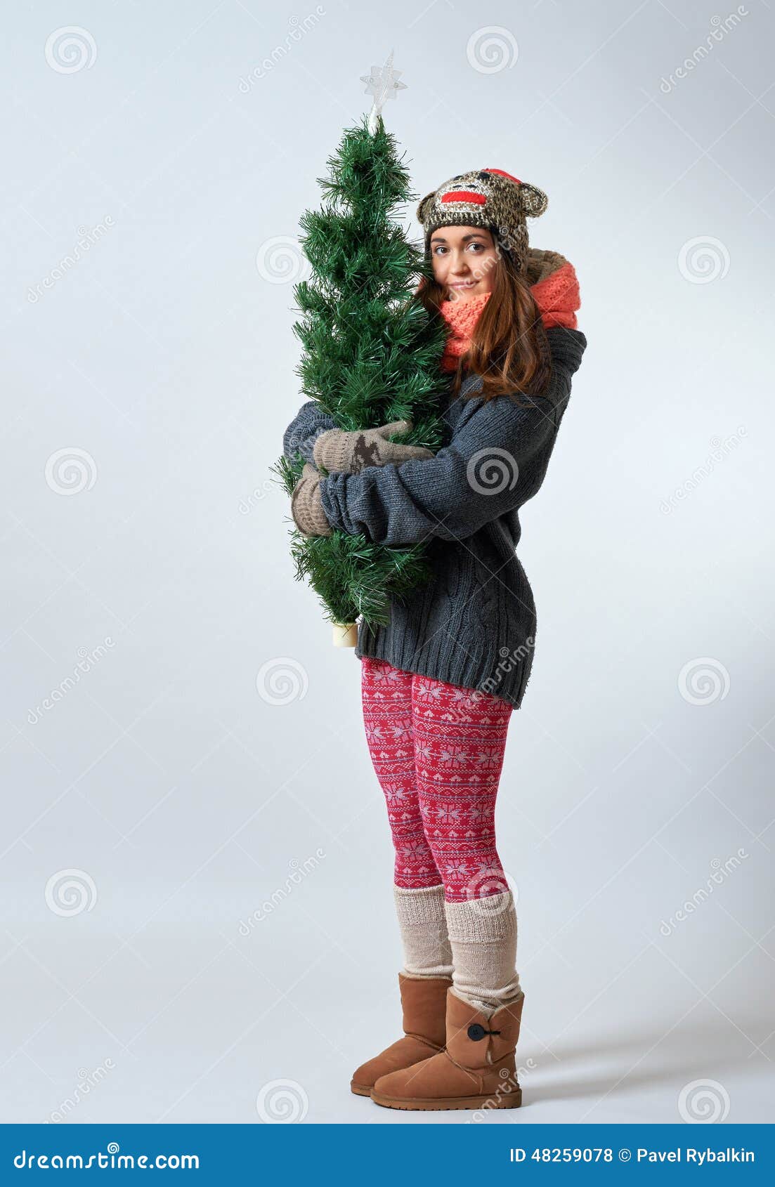 Beautiful Young Female with a Christmas Tree Stock Photo - Image of ...