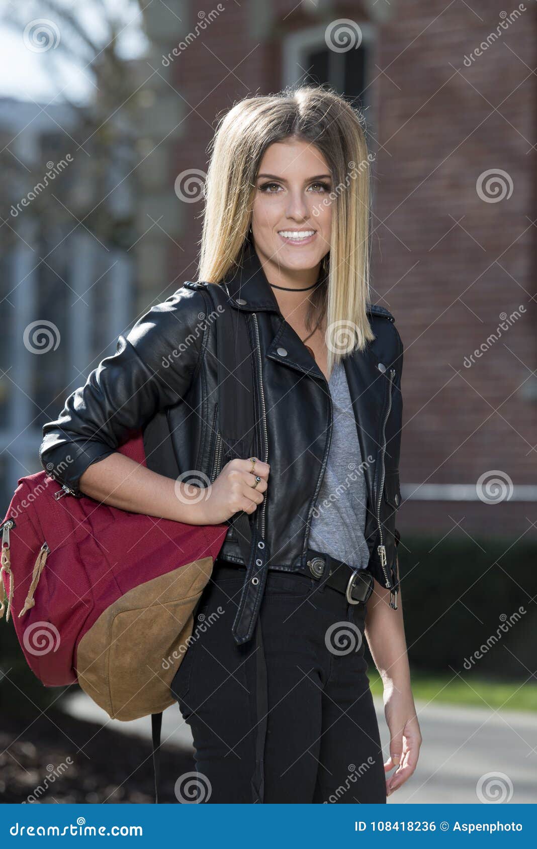 Beautiful Young Student in Leather Jacket on Campus Stock Photo - Image ...