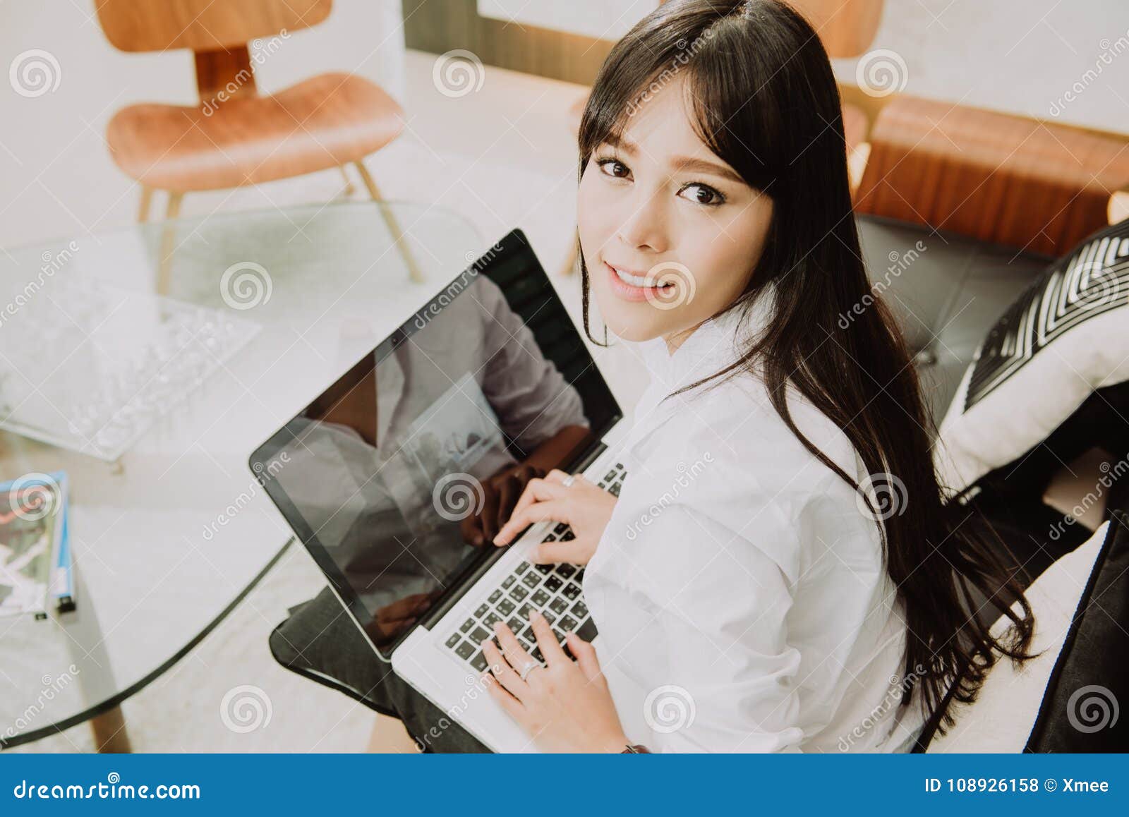 Beautiful Young Freelancer Woman Using Laptop Computer at Home O Stock ...