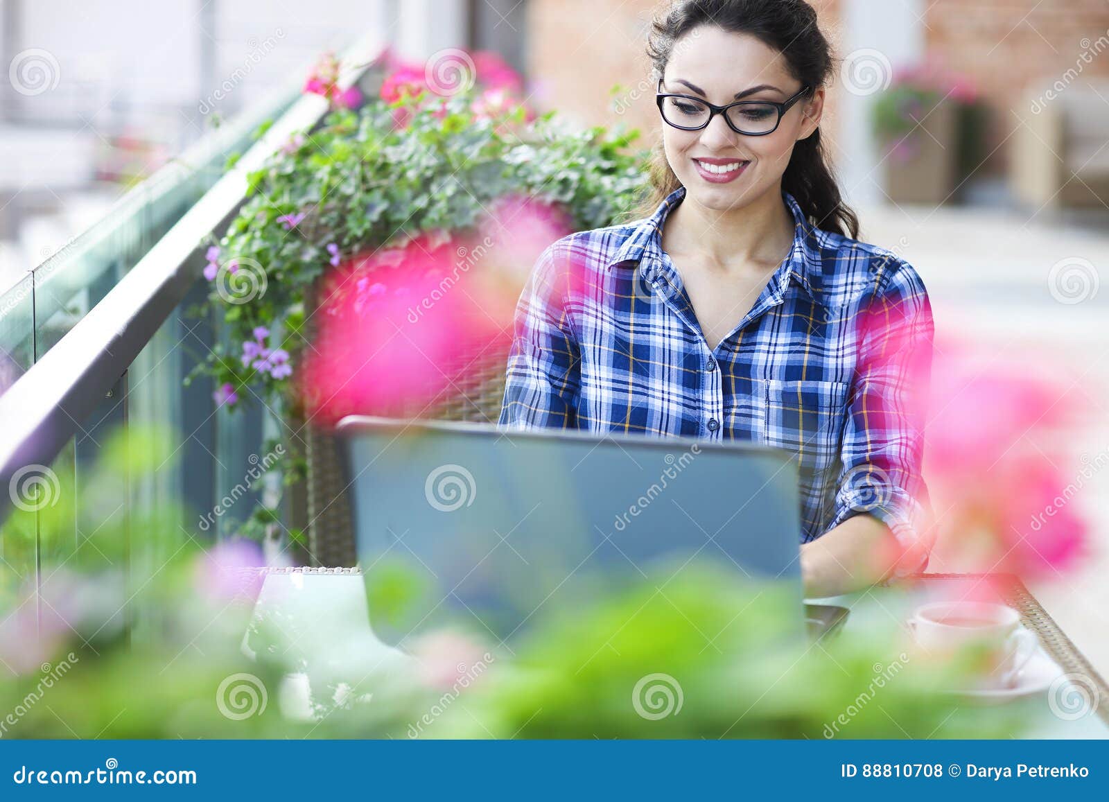 Beautiful Young Freelancer Woman Using Laptop Computer Sitting A Stock