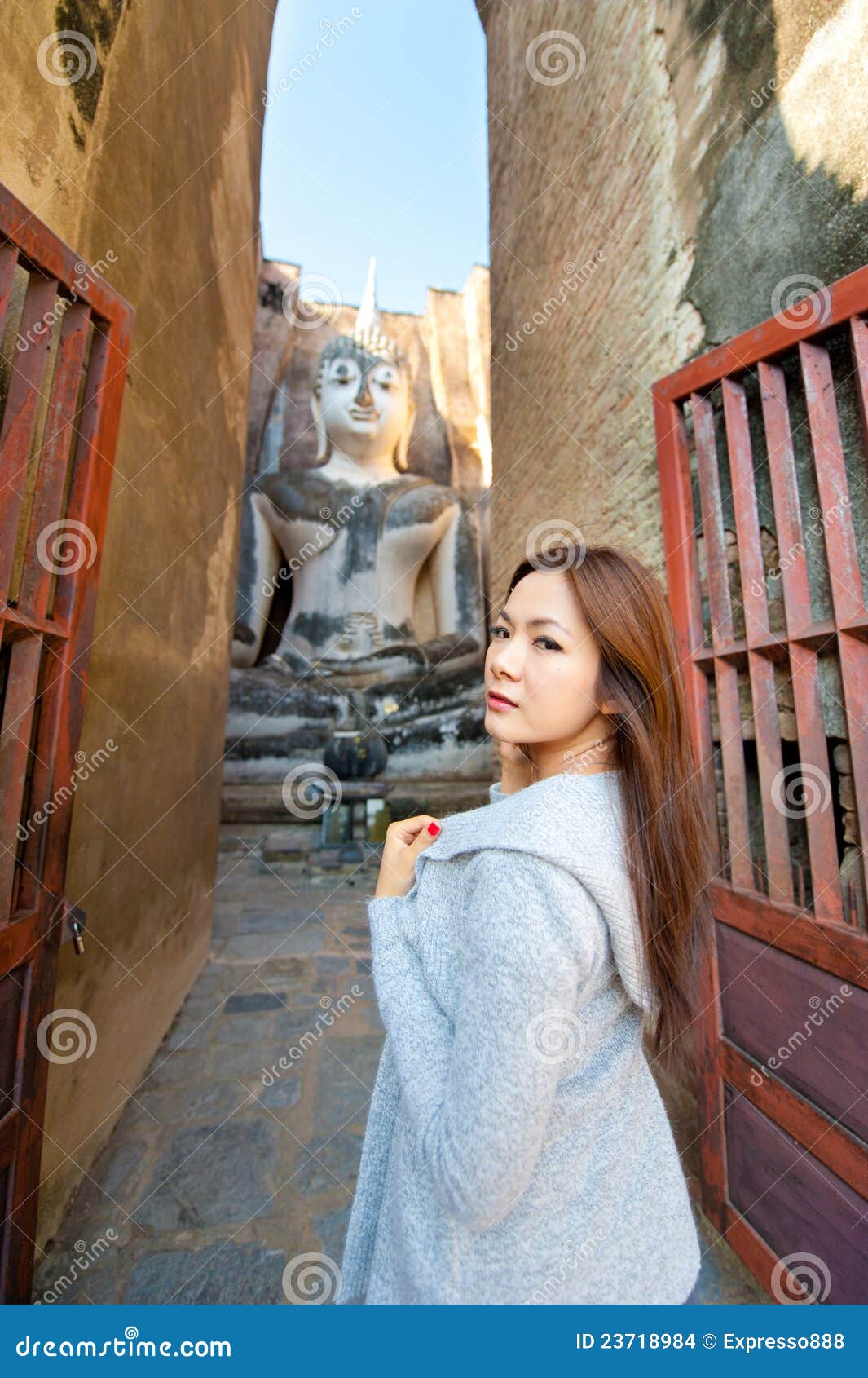 Beautiful Young Girl and Big Buddha Stock Photo - Image of figure ...