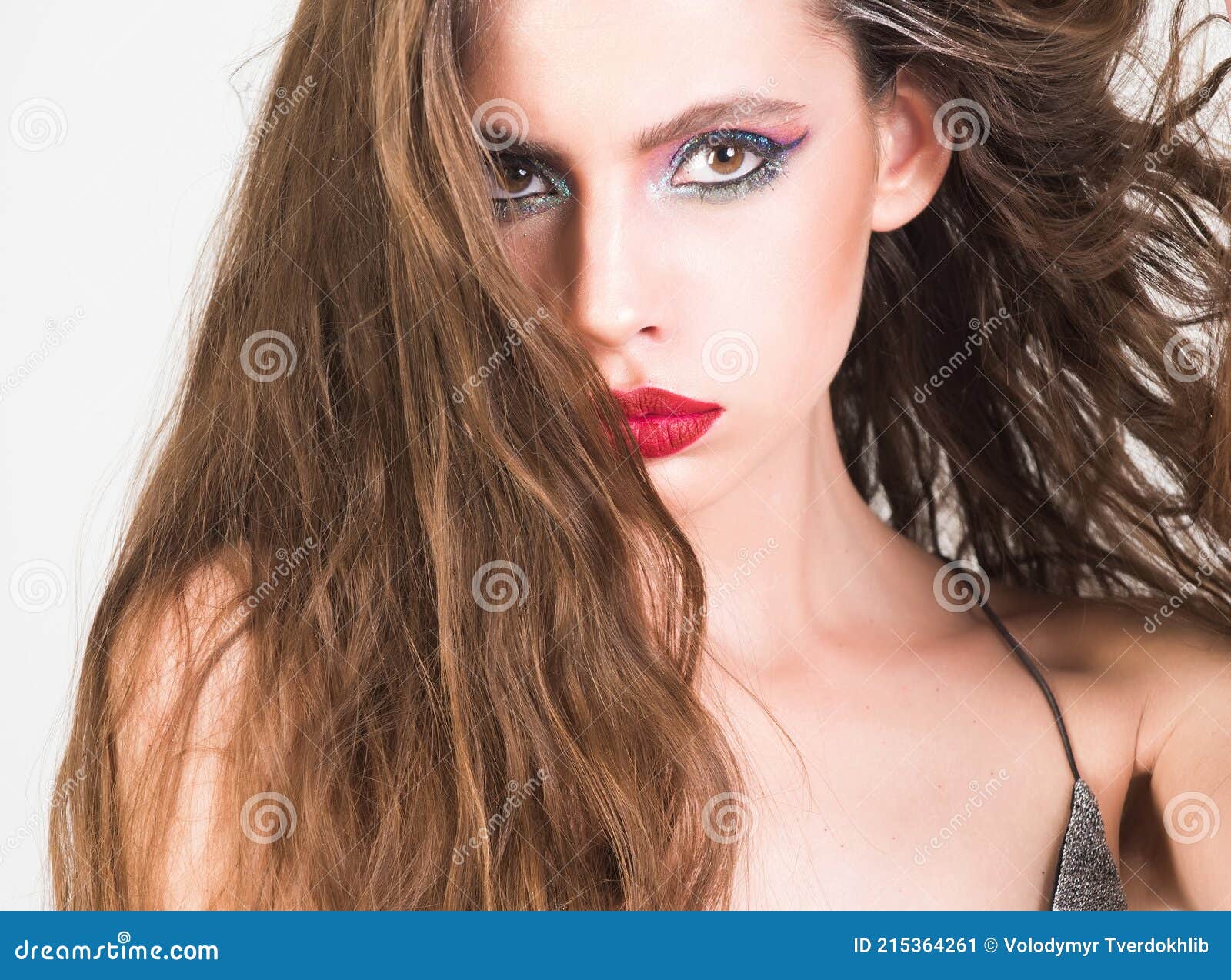 Beautiful Young Girl Face With Bright Make Up Isolated On White