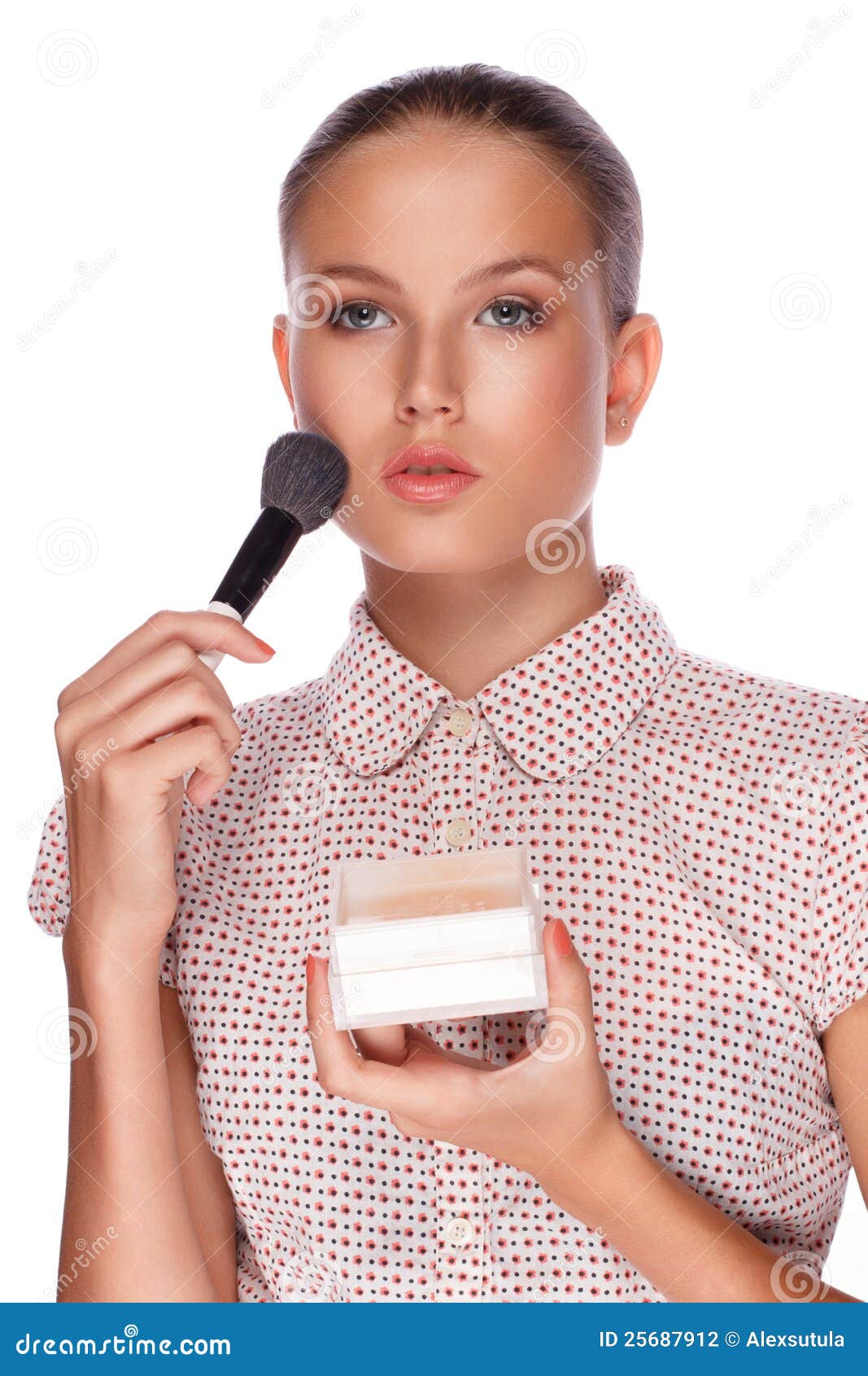 A Beautiful Young Girl with Makeup Brush Stock Photo - Image of ...