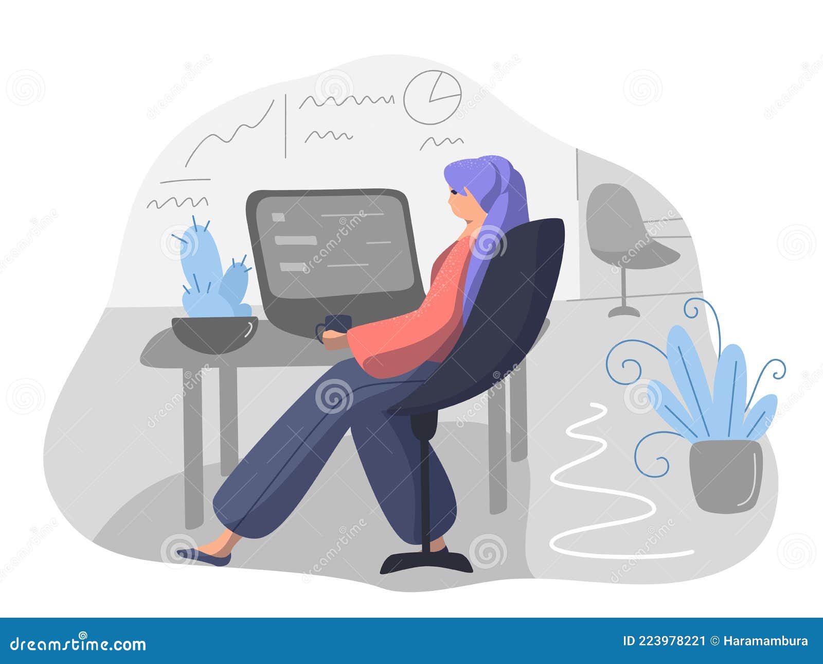 Beautiful Young Girl in the Office Working at the Computer Stock Vector ...