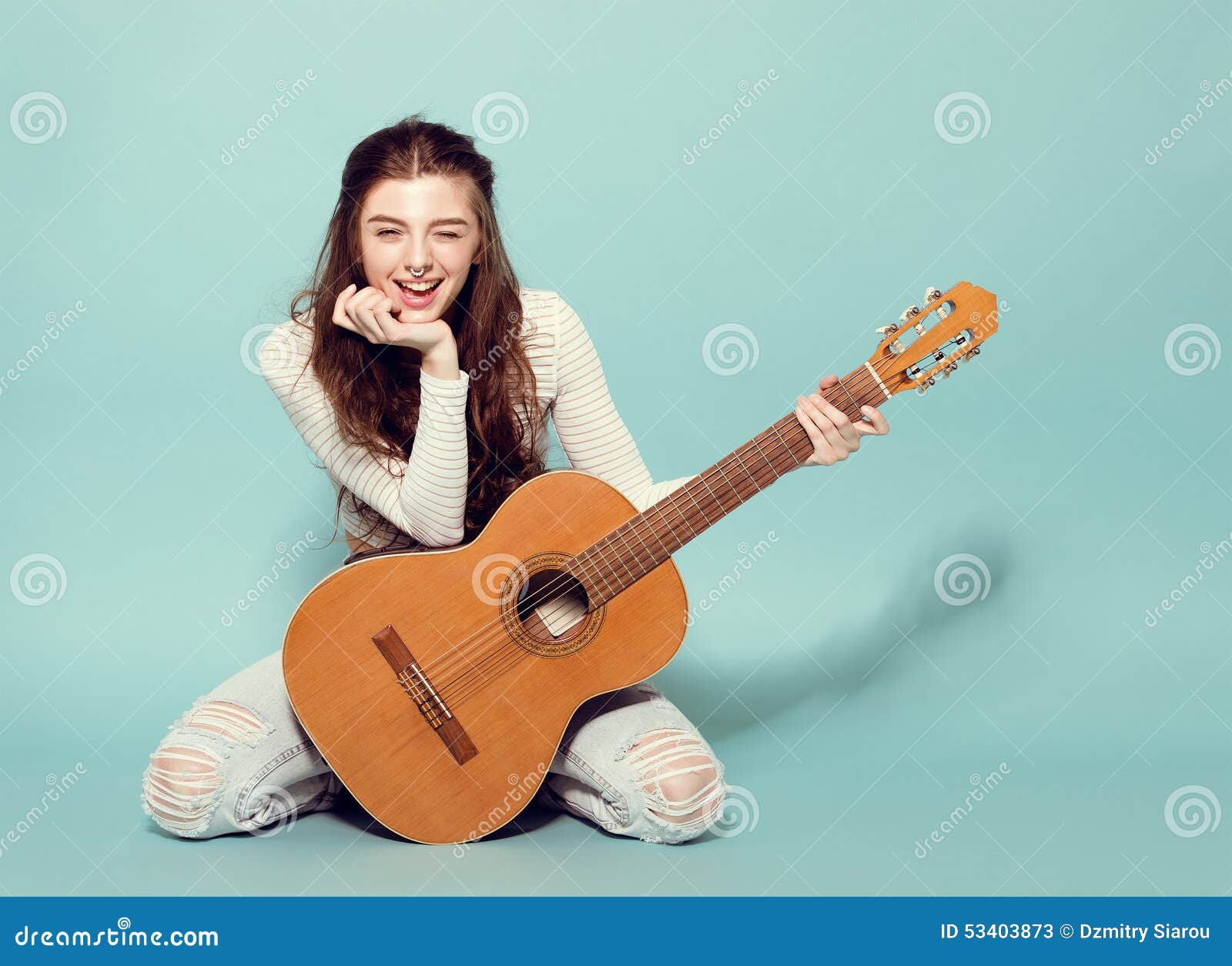Beautiful Young Girl Posing with Guitar Stock Image - Image of cheerful ...