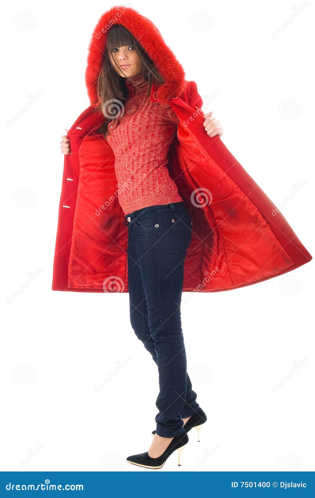 The Beautiful Young Girl in a Red Coat Stock Photo - Image of woman ...