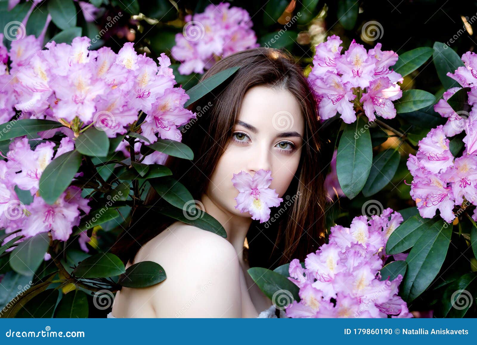 A Beautiful Young Girl Stands Among The Flowering Trees Lilac Flowers