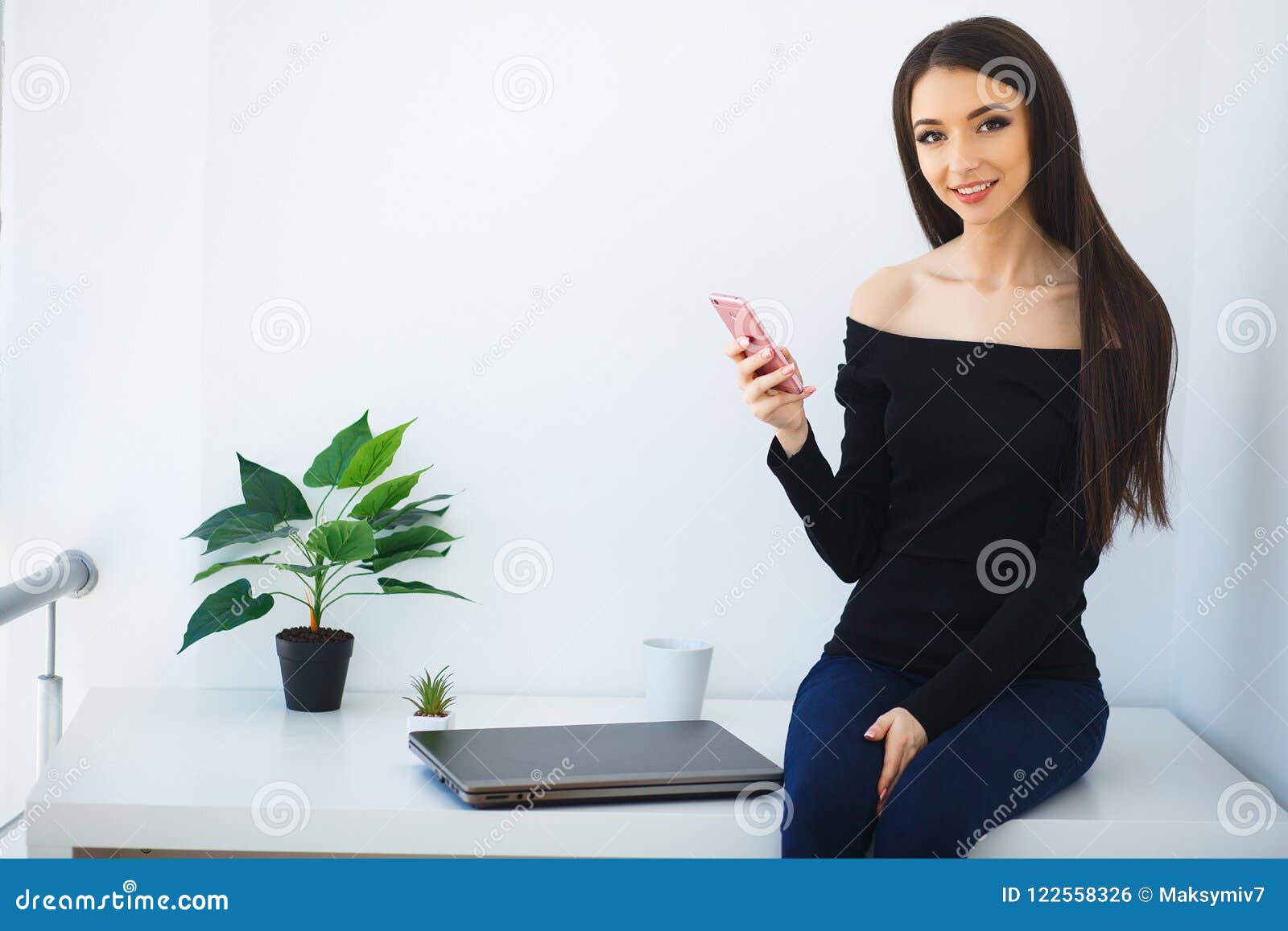 Beautiful Young Girl Working on Computer at Home Stock Photo - Image of ...
