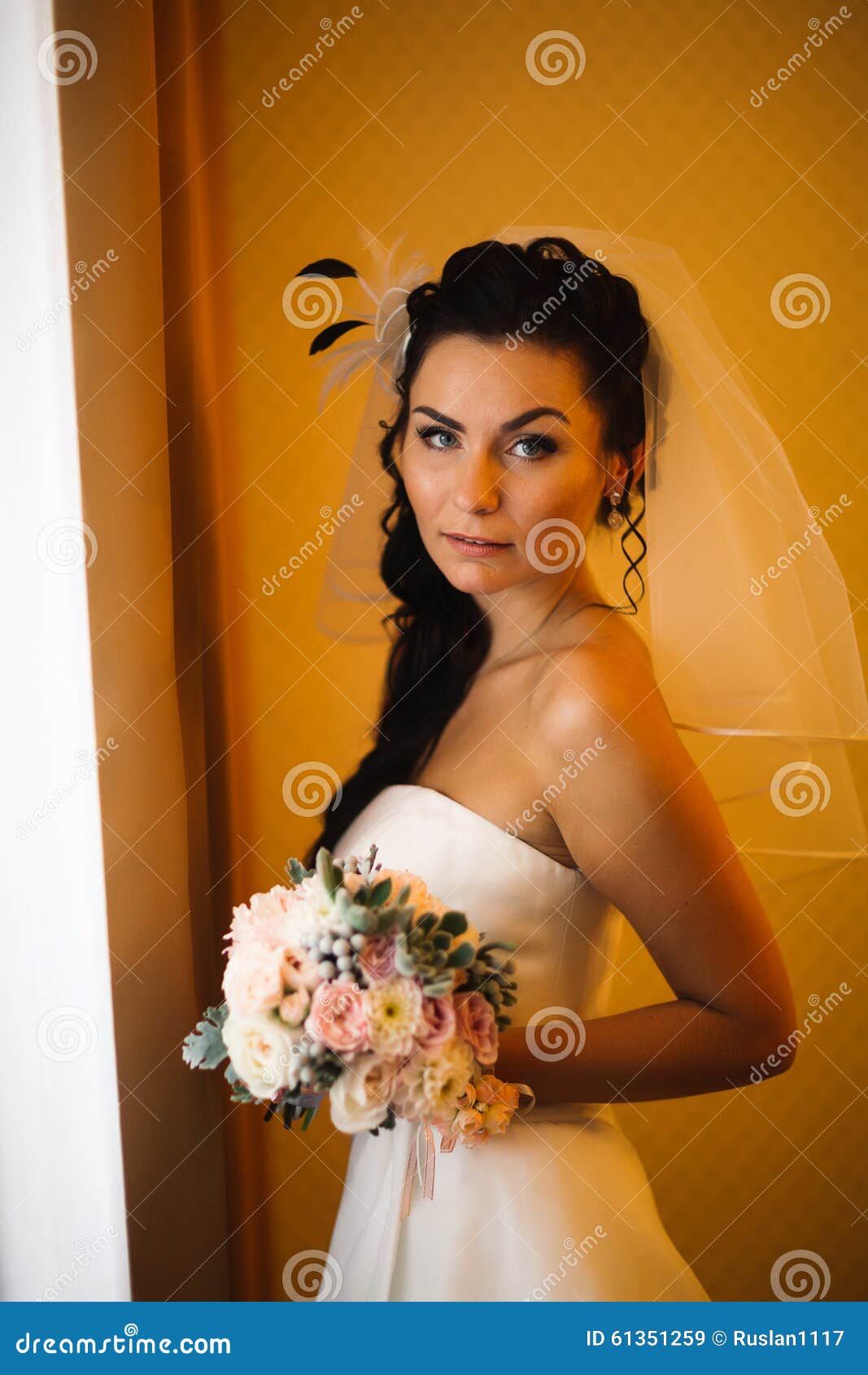 Beautiful Young Happy Bride Standing Near the Window Stock Image ...