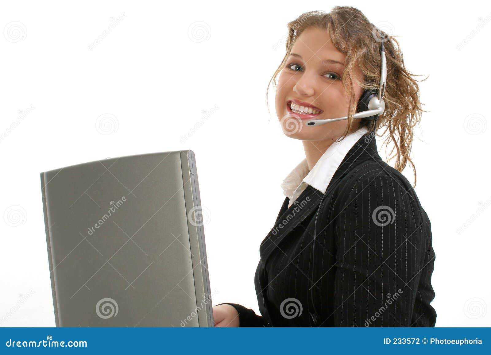 Beautiful Young Lady with Laptop Computer and Headset Stock Photo ...