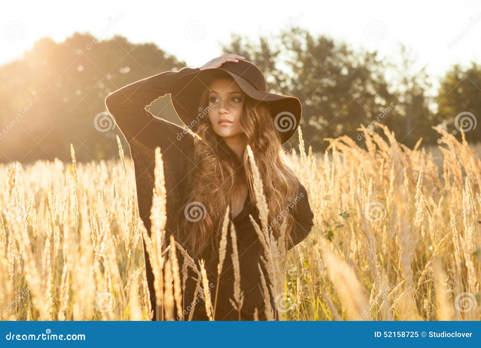 Beautiful Young Lady Model in Field at Sunset Stock Image - Image of ...