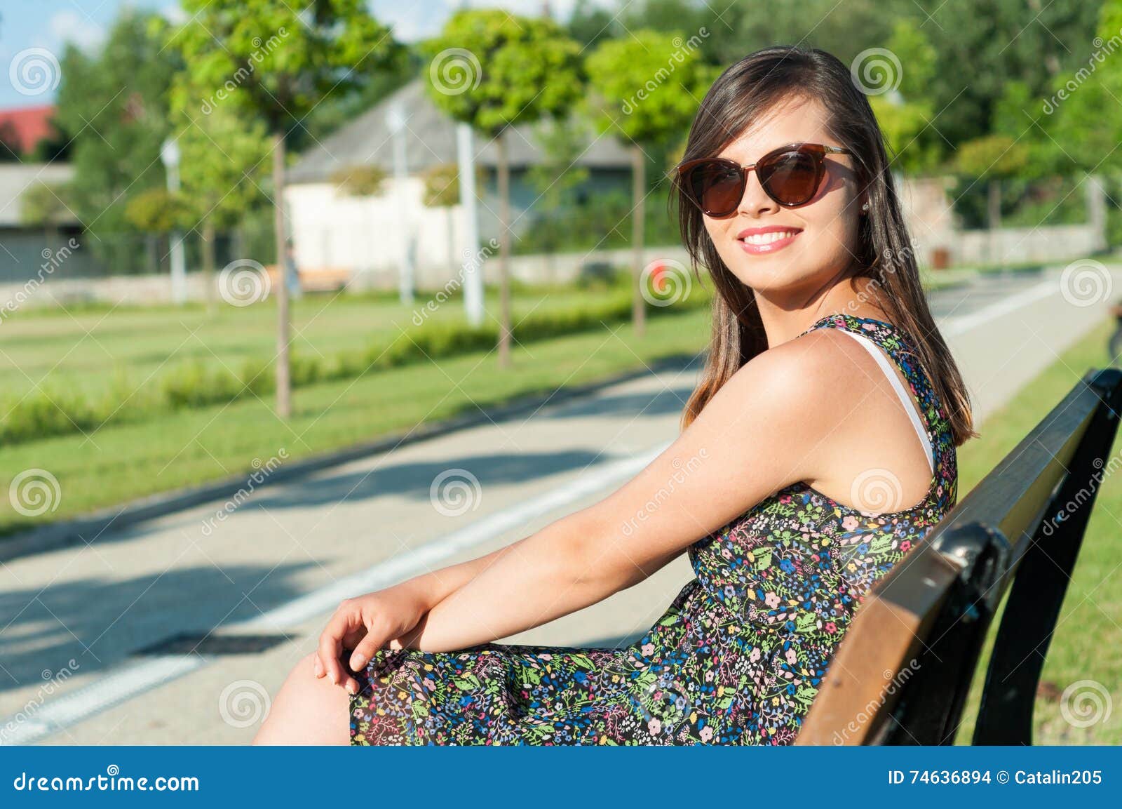 Beautiful Young Lady Posing on Bench in Park Stock Photo - Image of ...