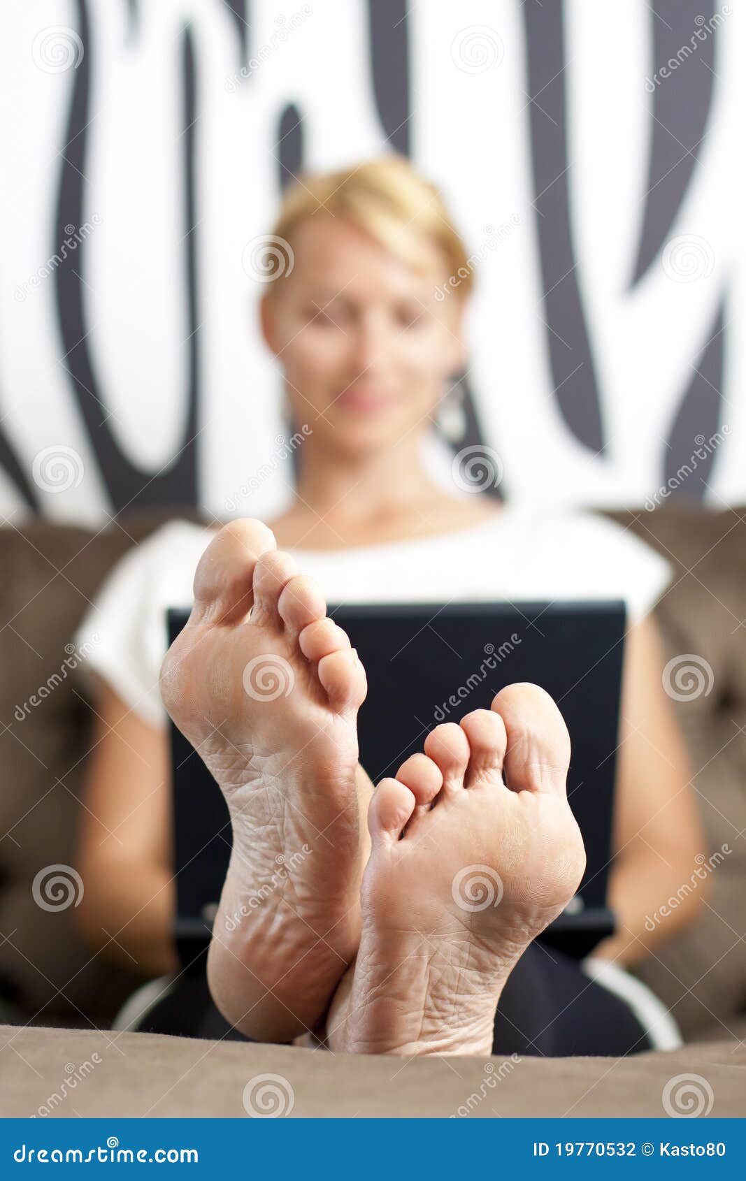 Beautiful Young Lady Sitting on Sofa, Using Laptop Stock Photo - Image ...