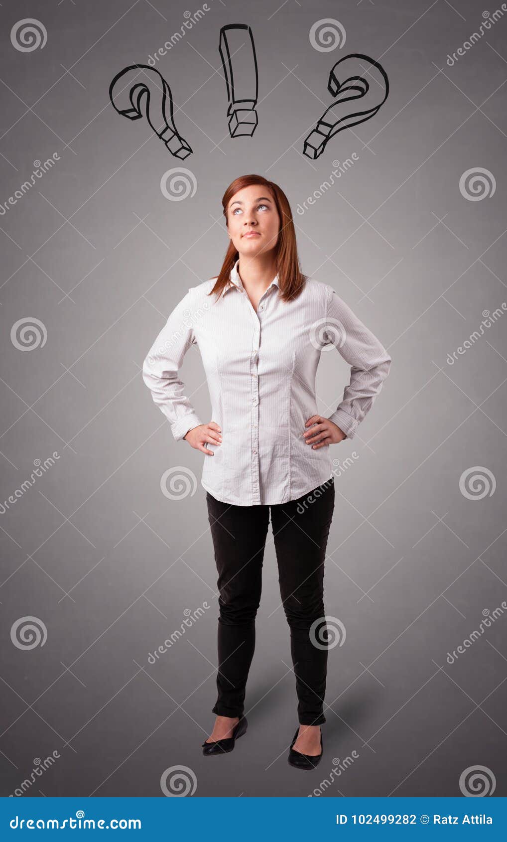 Young Lady Thinking with Question Marks Overhead Stock Photo - Image of ...