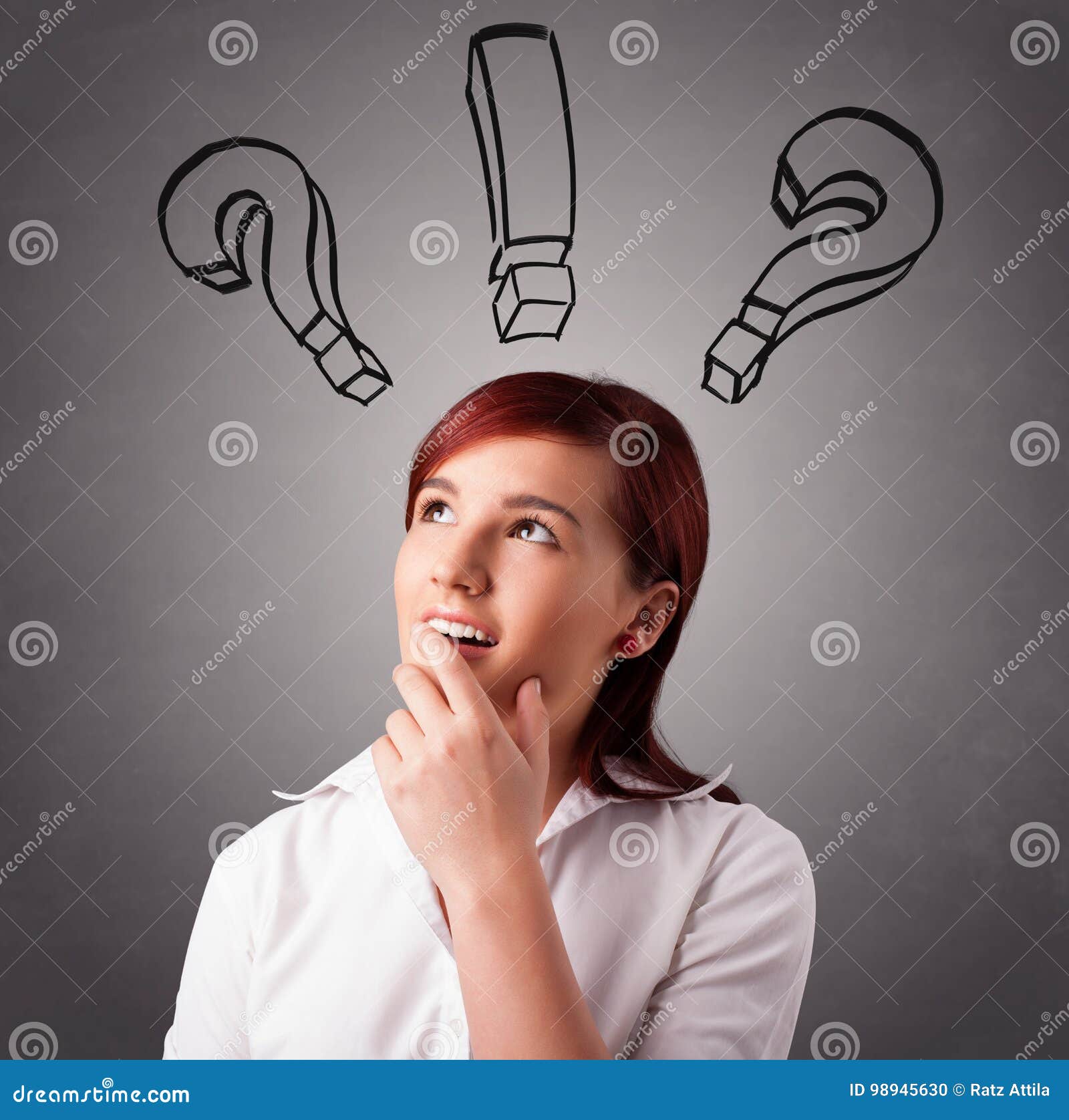 Young Lady Thinking with Question Marks Overhead Stock Photo - Image of ...
