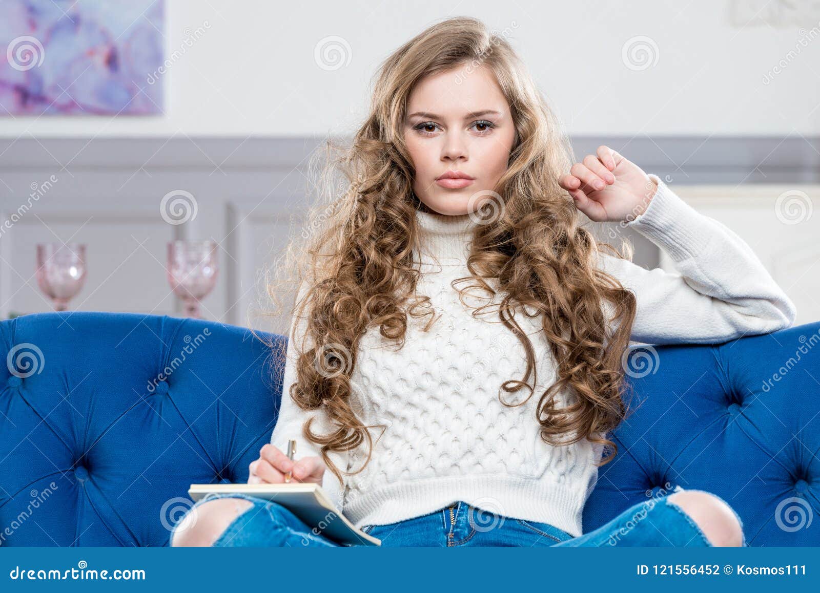 Beautiful Young Model with a Box on the Couch Stock Photo - Image of ...