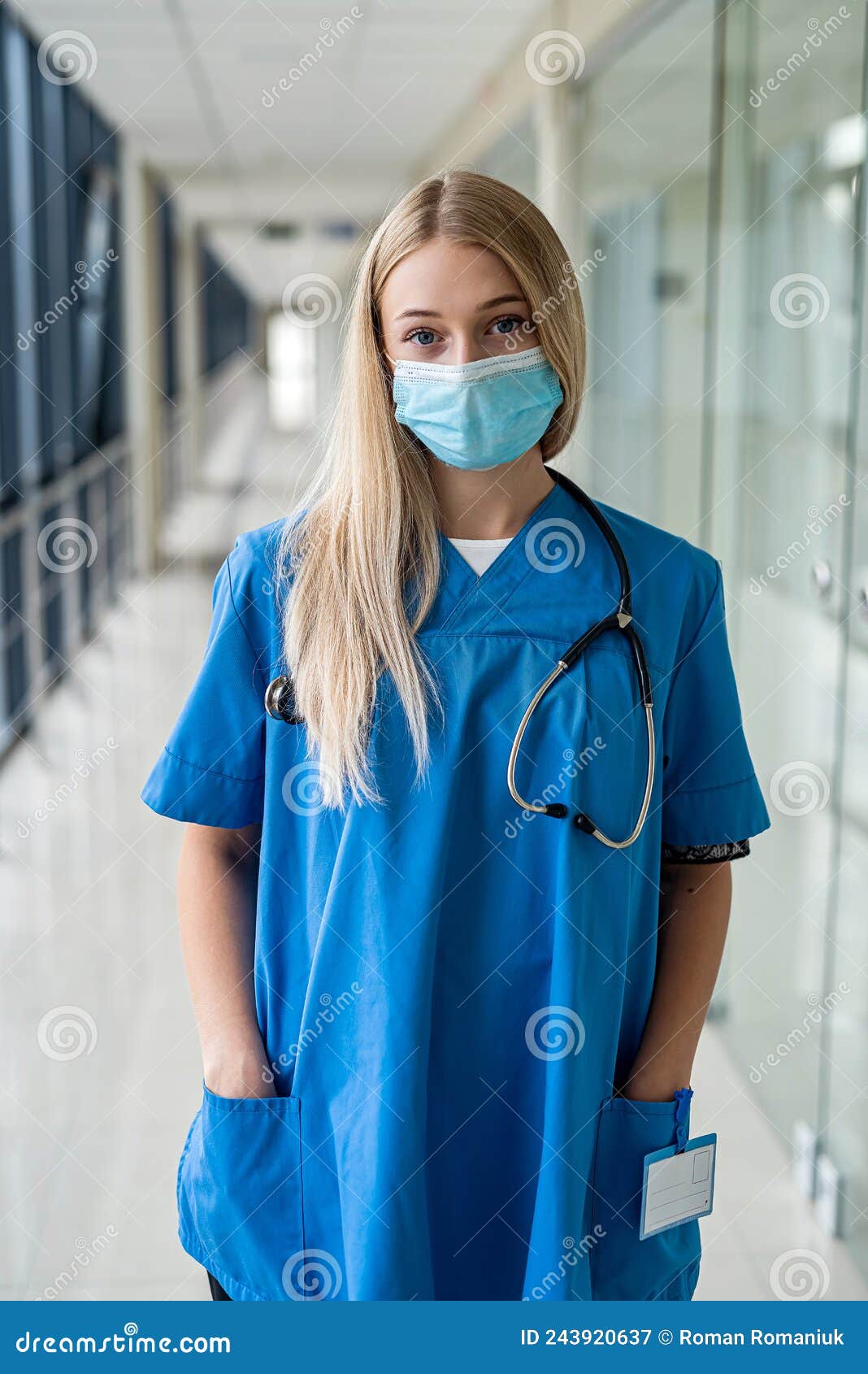 Beautiful Young Nurse in a Mask Stands in Hallway Stock Image - Image ...