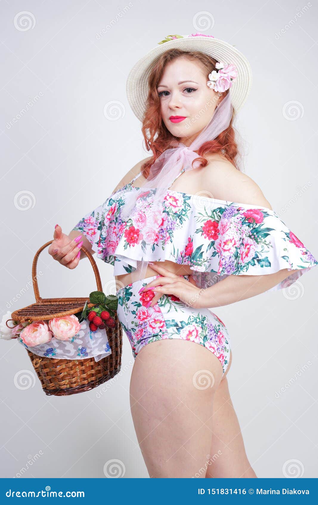 Beautiful Young Pin Up Caucasian Girl In Romantic Fashionable Straw Hat