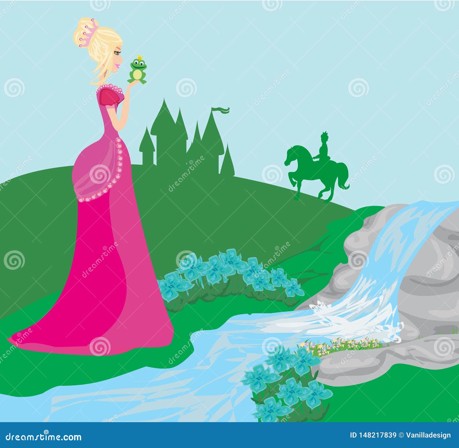 Beautiful Young Princess Kissing A Big Frog Stock Vector Illustration