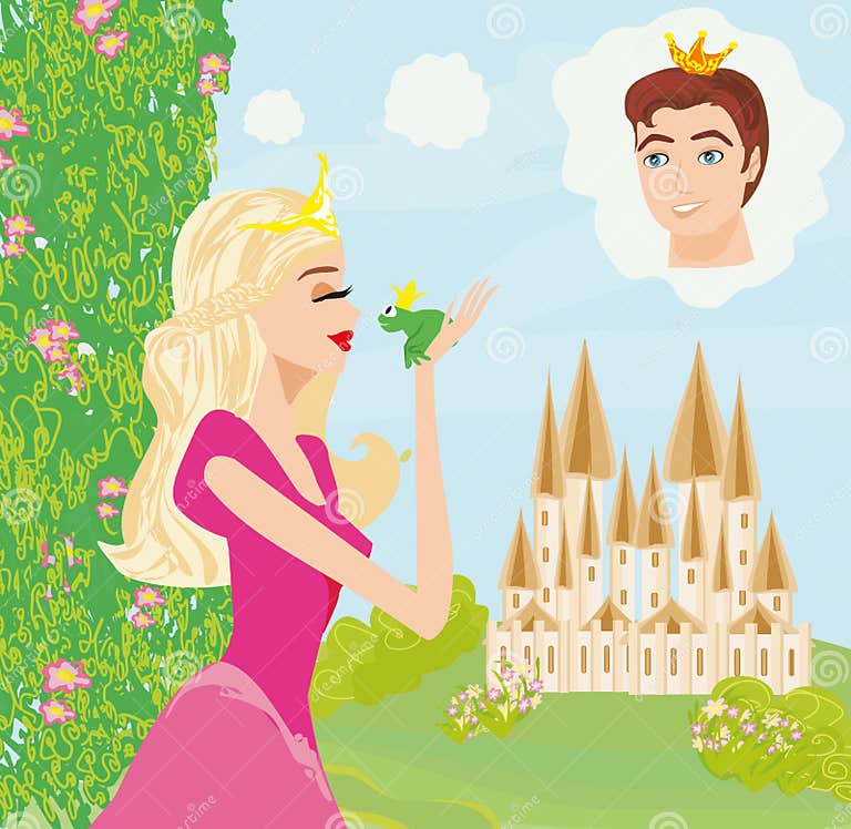Beautiful Young Princess Kissing A Big Frog Stock Vector Illustration