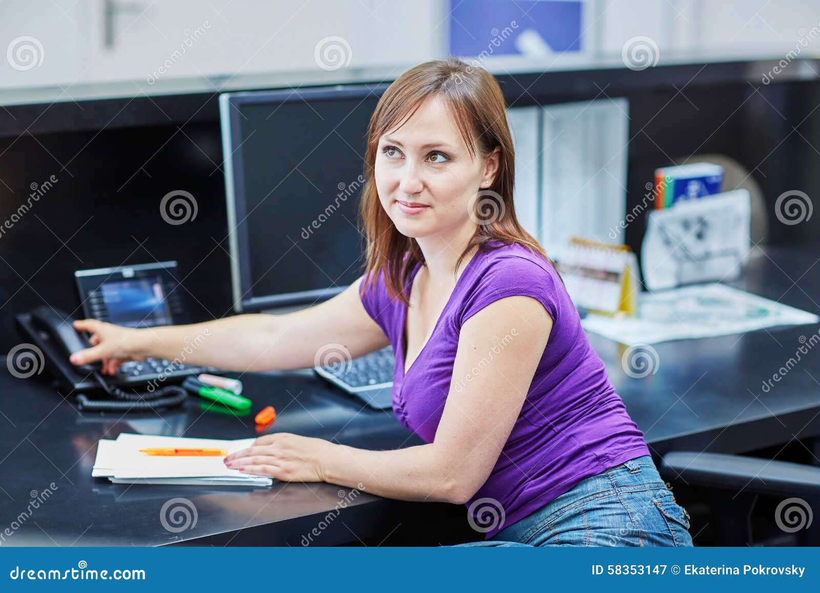 Beautiful Young Receptionist at Work Stock Image - Image of ...