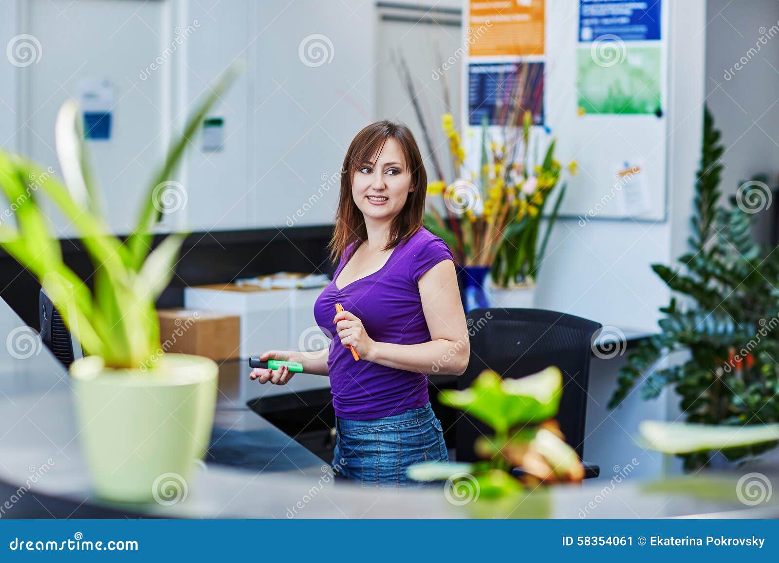 Beautiful Young Receptionist at Work Stock Image - Image of listening ...