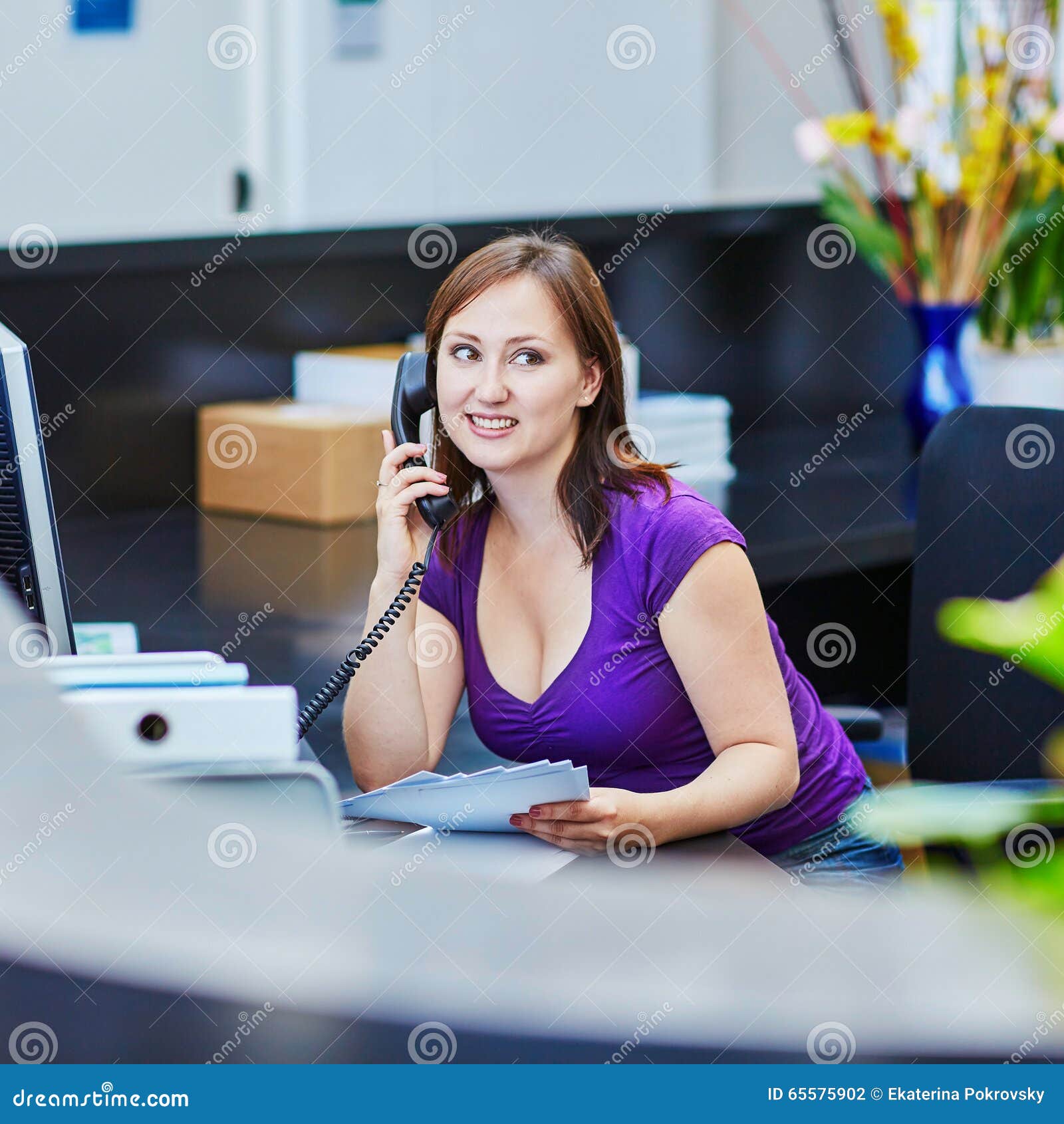 Beautiful Young Receptionist at Work Stock Photo - Image of ...