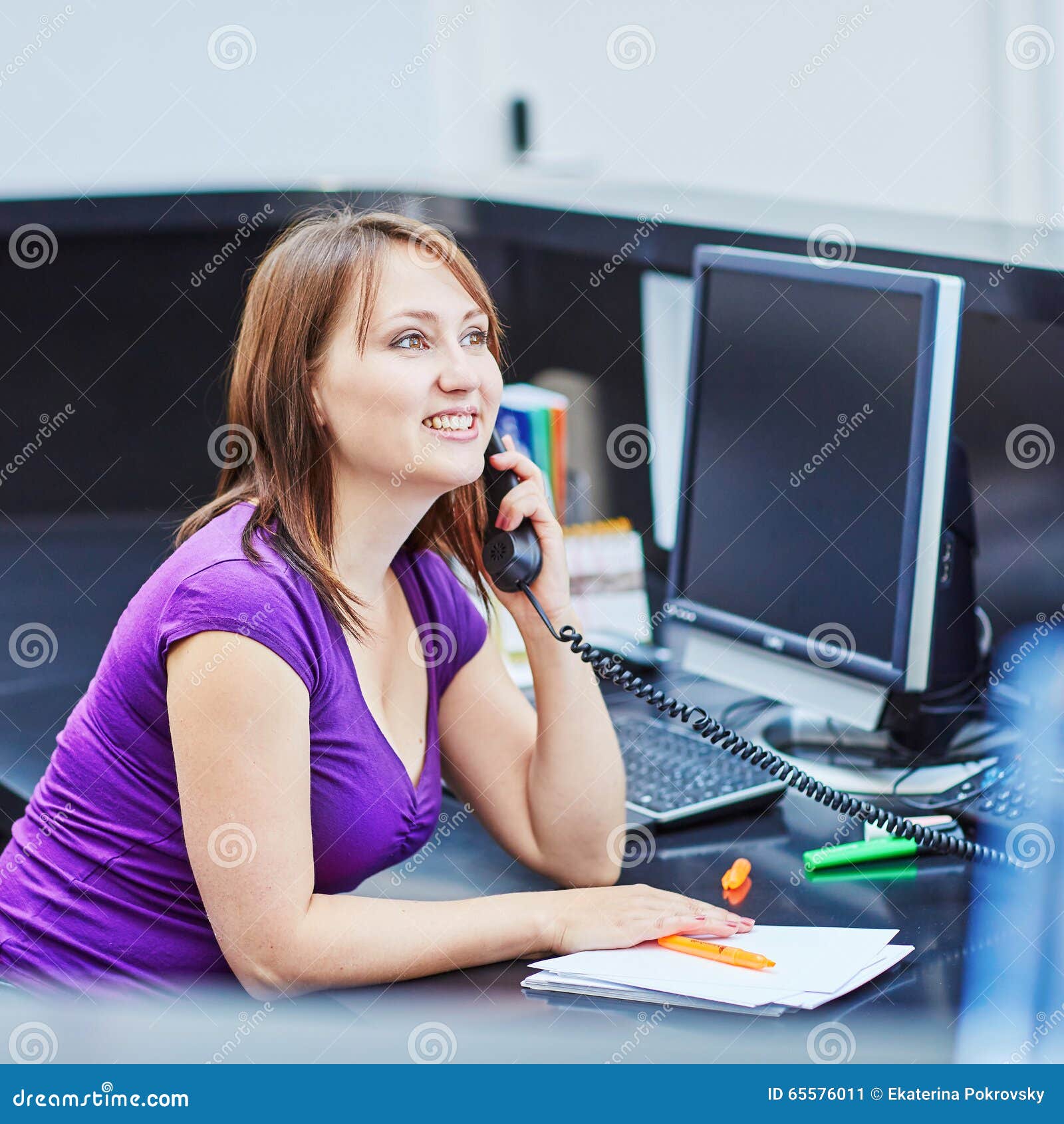 Beautiful Young Receptionist at Work Stock Image - Image of information ...
