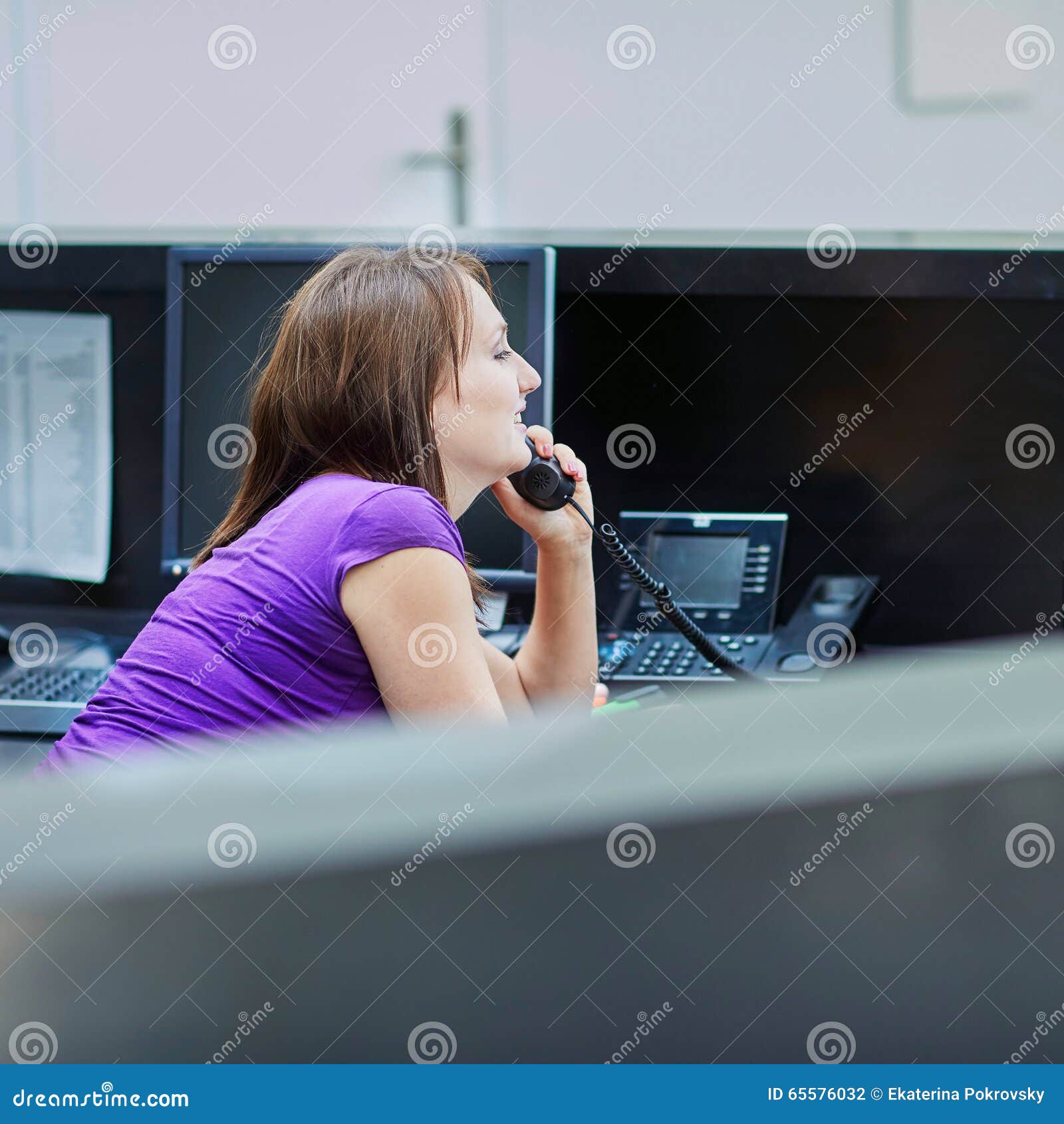 Beautiful Young Receptionist at Work Stock Photo - Image of hotline ...