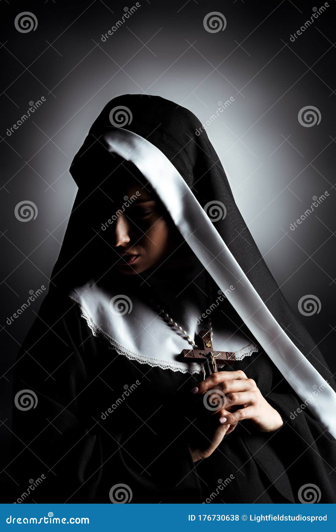 Beautiful Young Sad Nun Holding Cross Stock Photo - Image of ...