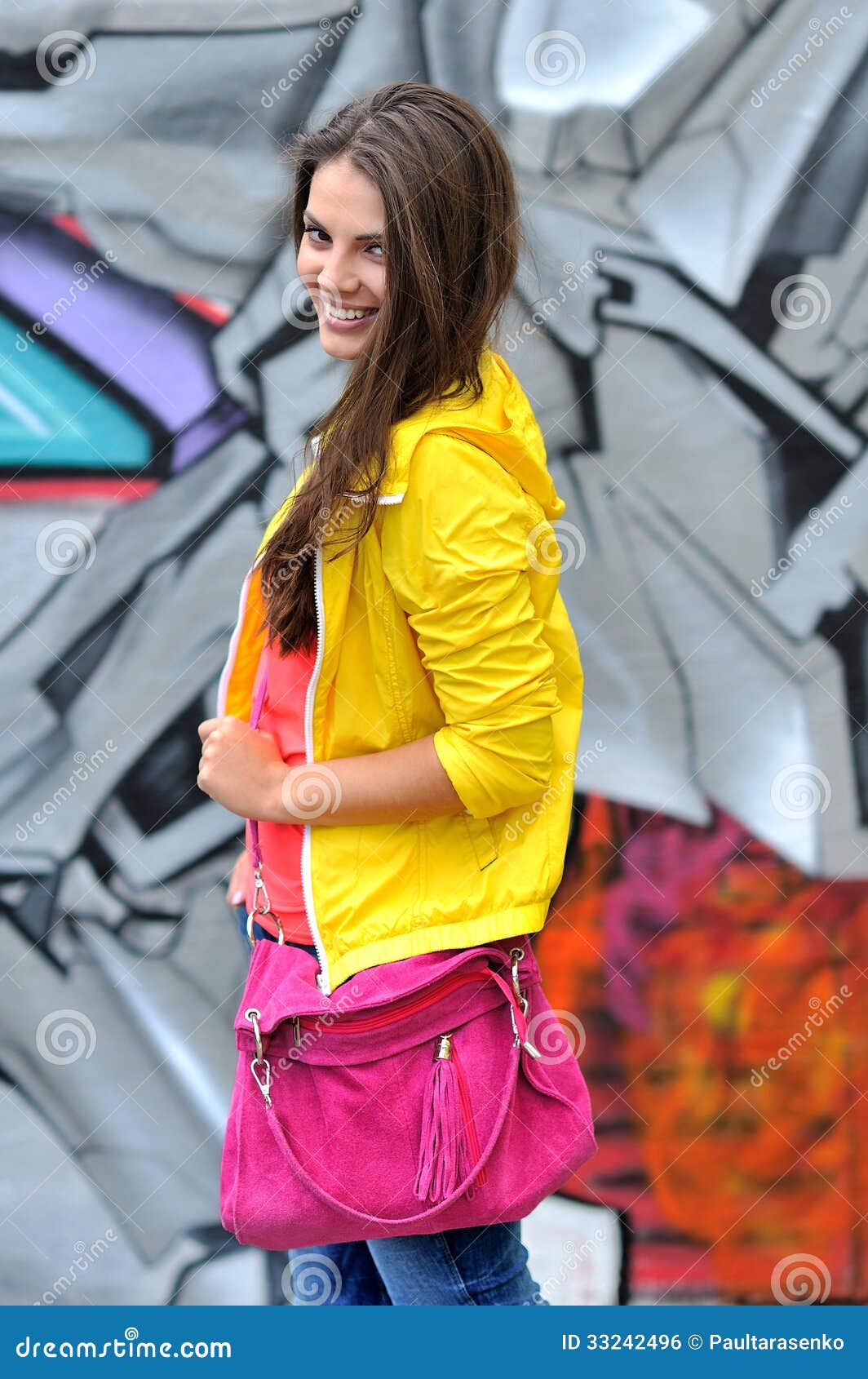 Beautiful Young Smiling Girl in Bright Clothes Stock Photo - Image of ...