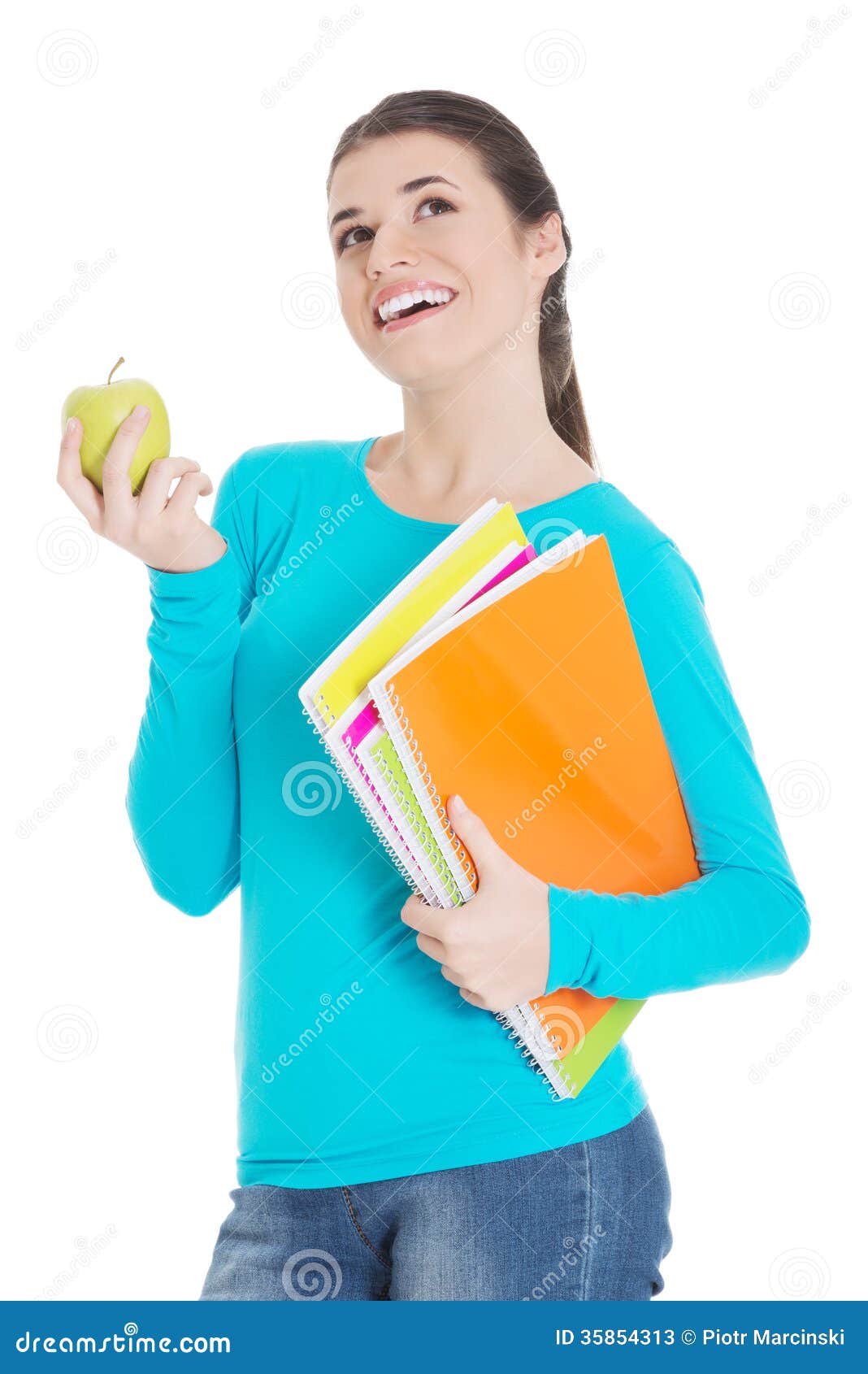 Beautiful Young Student with Files and Apple. Stock Image - Image of ...