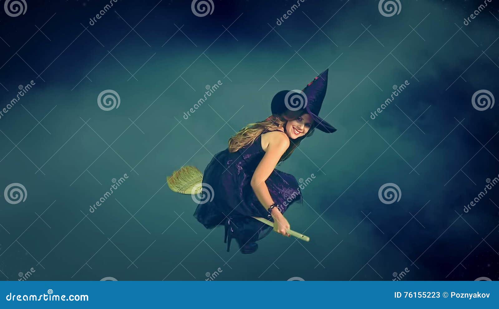 Beautiful Young Witch Flying on Broom Breaking through Cloud Mass ...