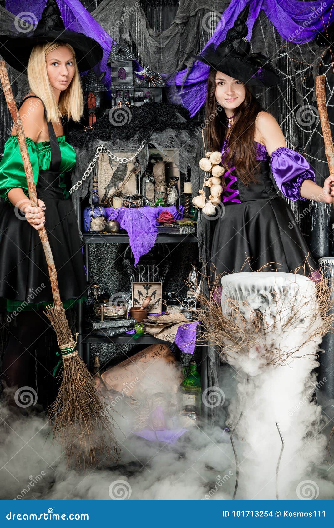 Beautiful Young Witches Brewing a Potion Stock Photo - Image of broom ...